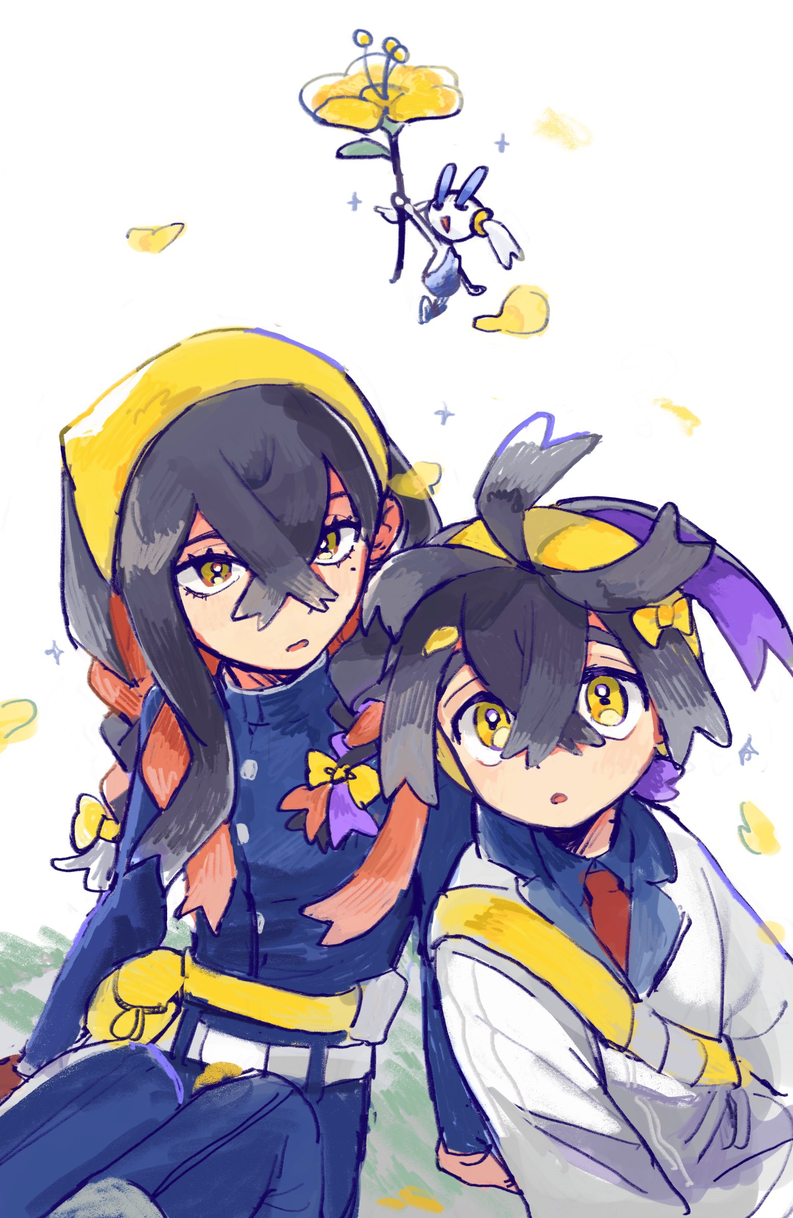 Safebooru - 1boy 1girl bag black hair blue jacket blue pants blue shirt blush bow brother and ...