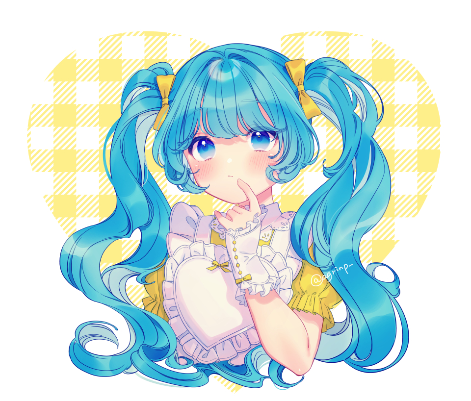 Safebooru - 1girl apron blue eyes blue hair blush closed mouth commentary dress finger to mouth ...