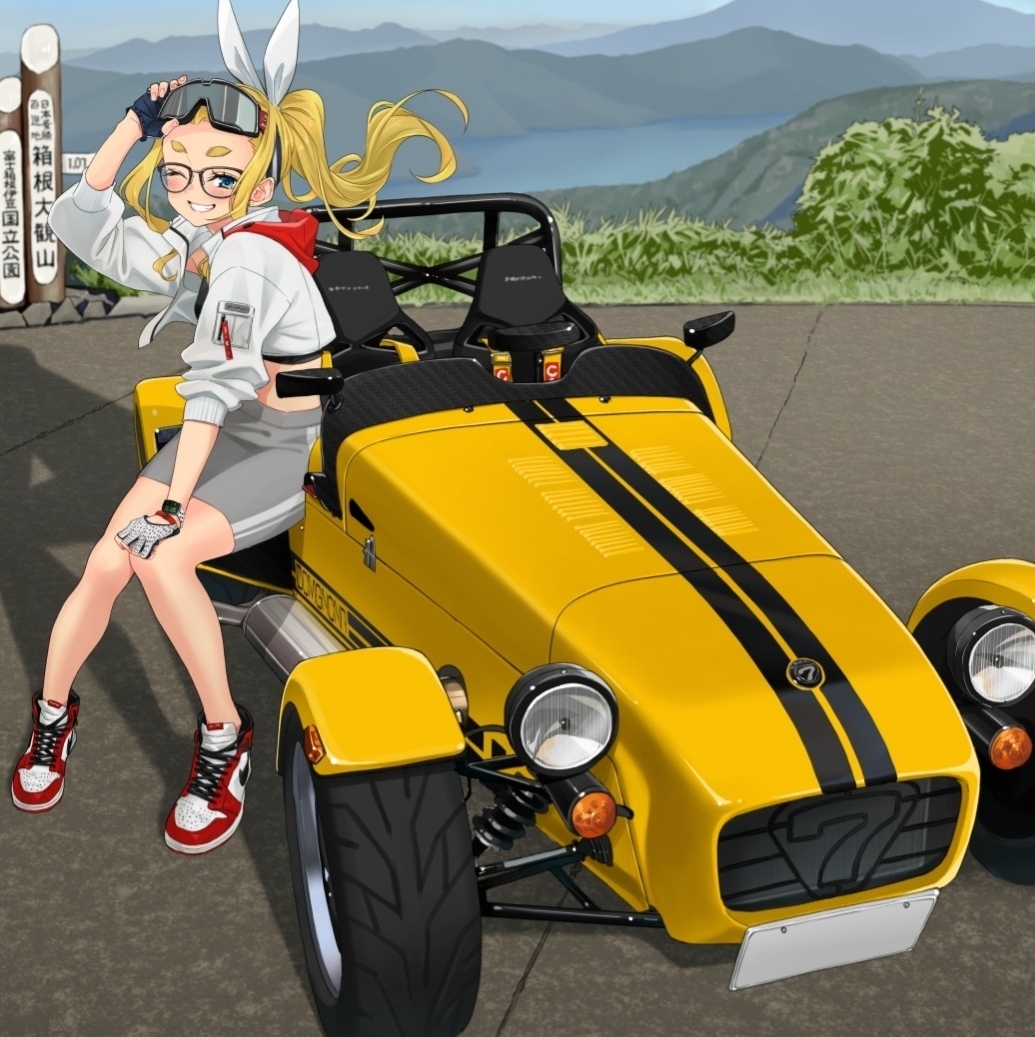 Safebooru 1girl Bike Shorts Blonde Hair Blue Eyes Car Caterham 7 Crop 3197