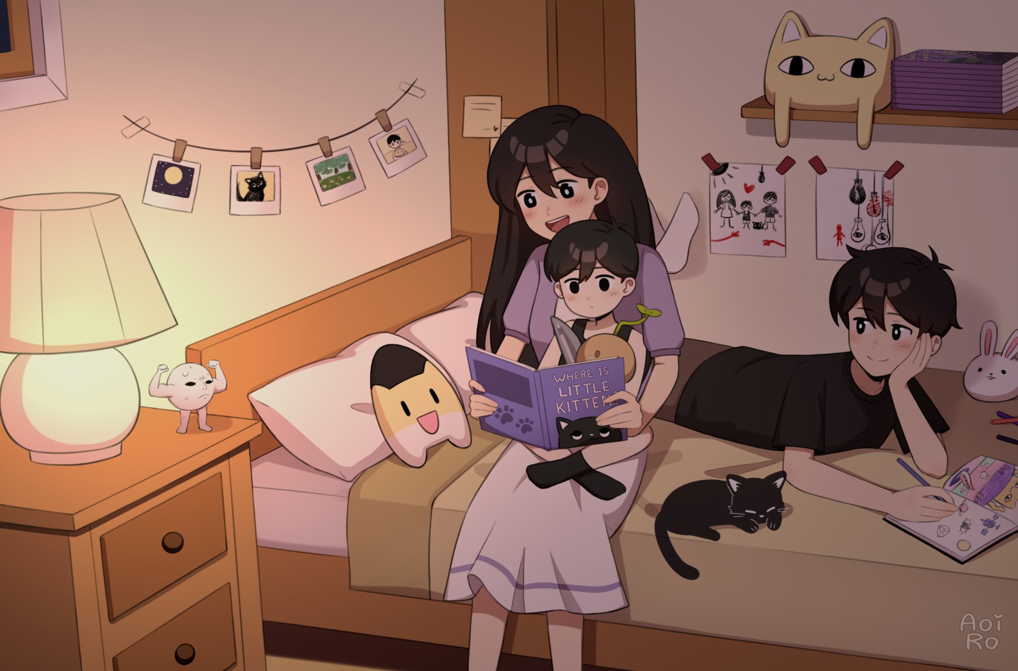 Safebooru - 1girl 2boys alternate universe aoiro arts artist name big yellow cat (omori) black ...