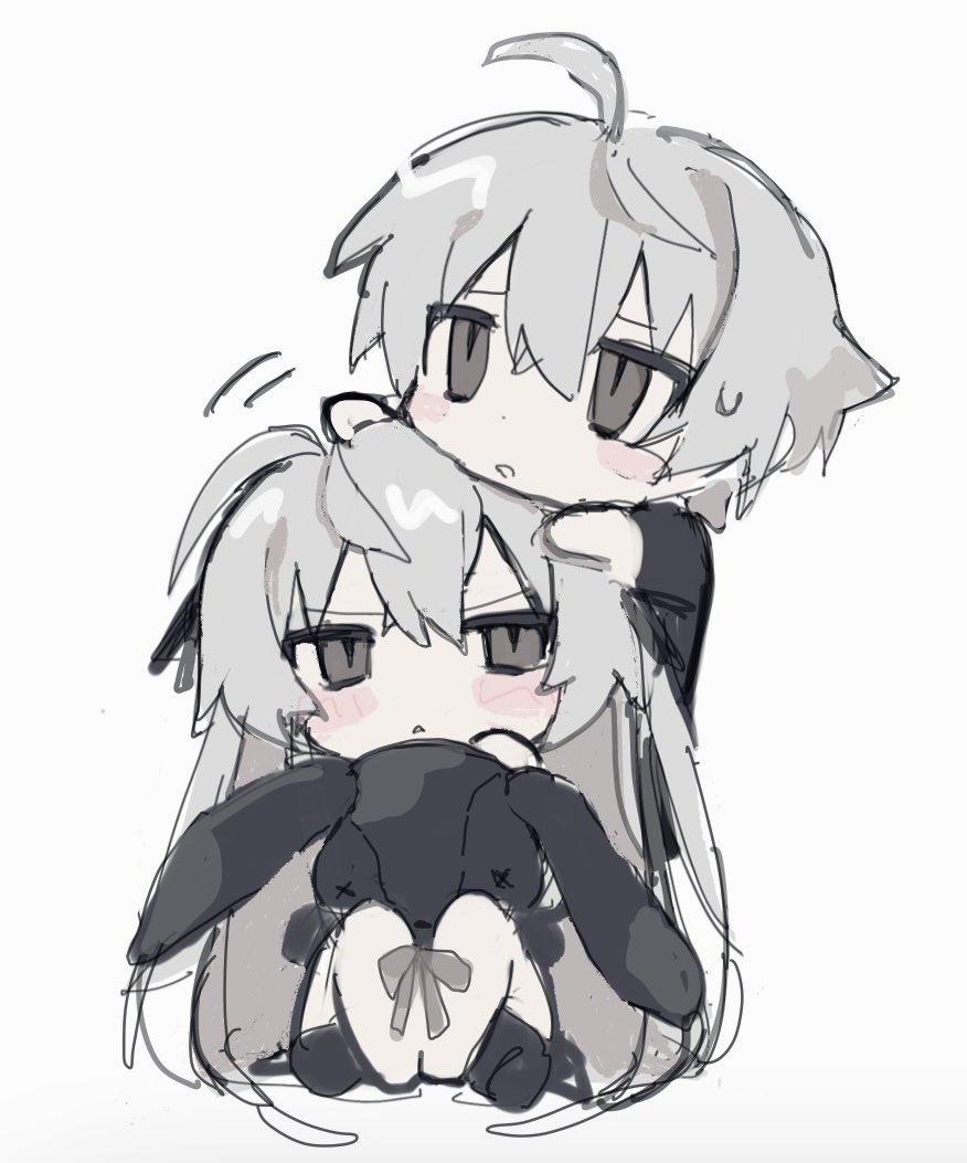 Safebooru - 1boy 1girl ahoge black ribbon brother and sister chibi grey ...