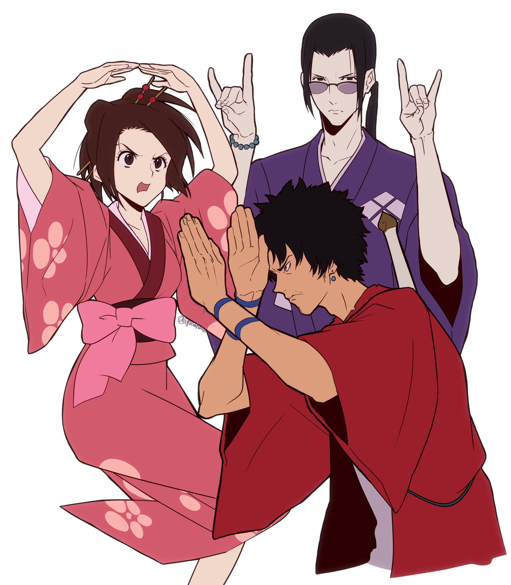 Safebooru - 1girl 2boys arms up black hair blue kimono bracelet brown ...