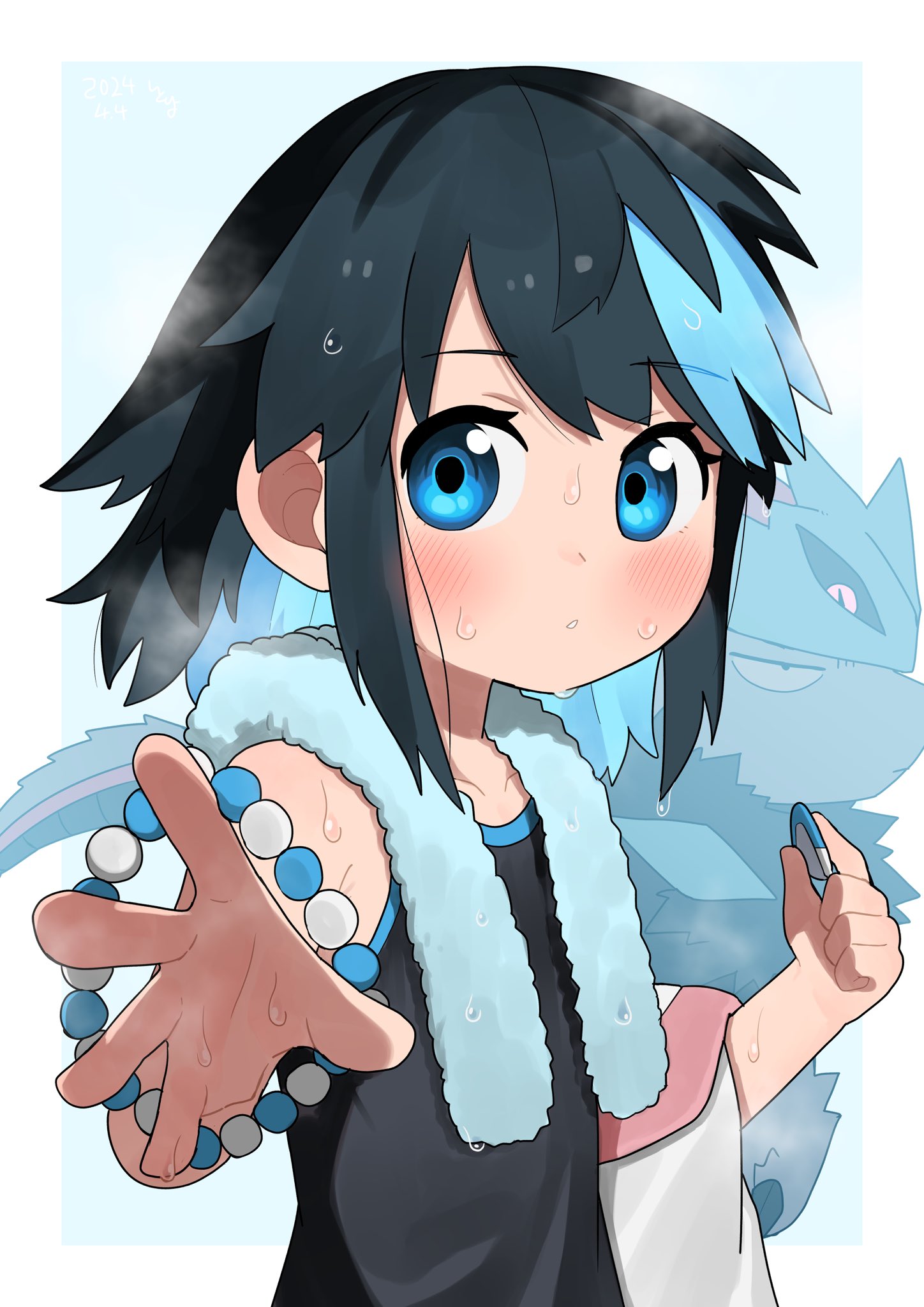 Safebooru - 1girl black hair blue background blue eyes blush colored ...