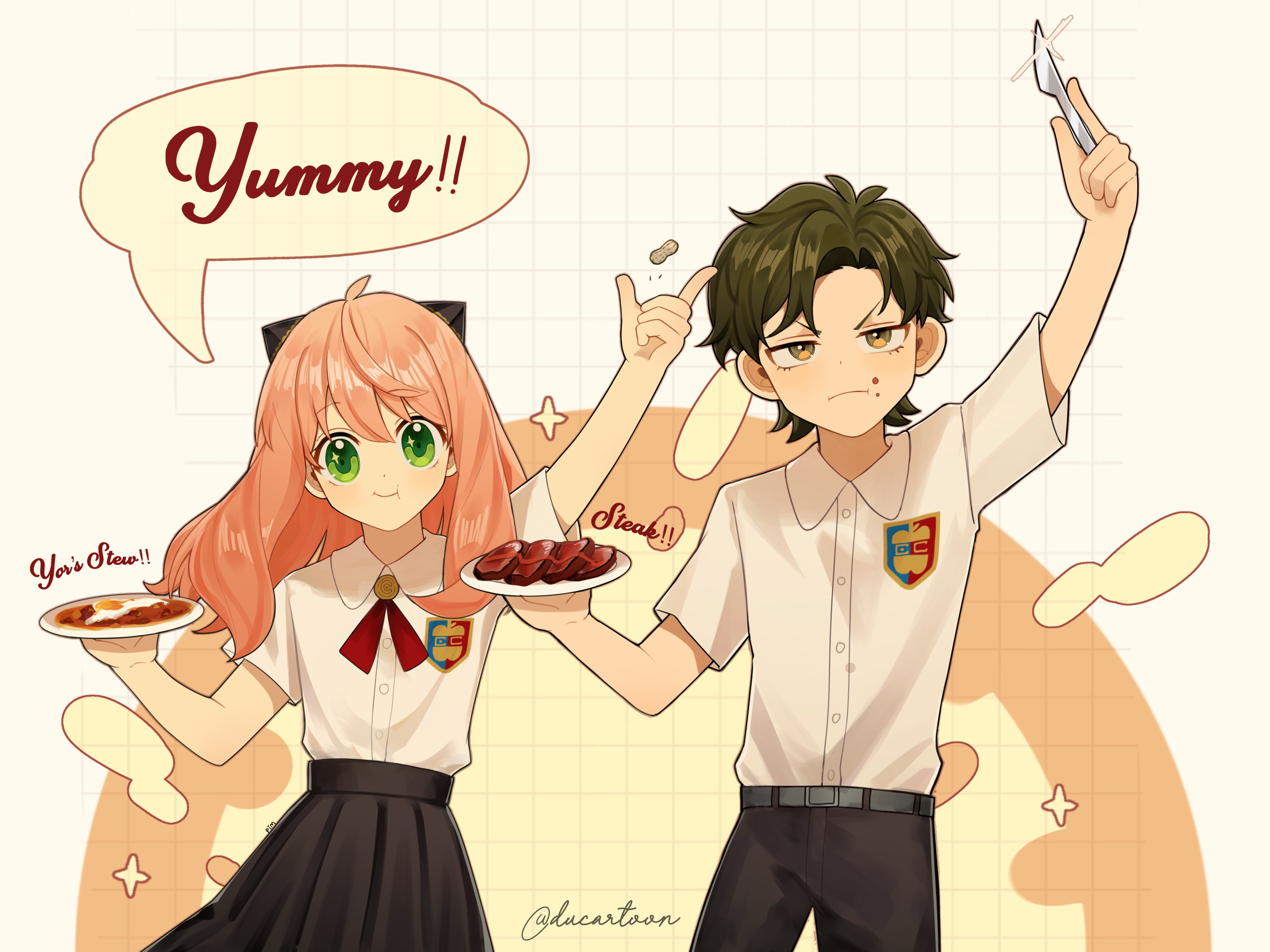 Safebooru - 1boy 1girl :t absurdres aged up anya (spy x family) black hair black pants black ...