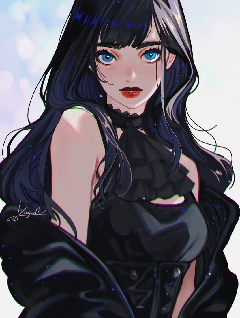 Safebooru - 1girl ailout2 artist name ascot black ascot black choker black hair black shirt blue ...