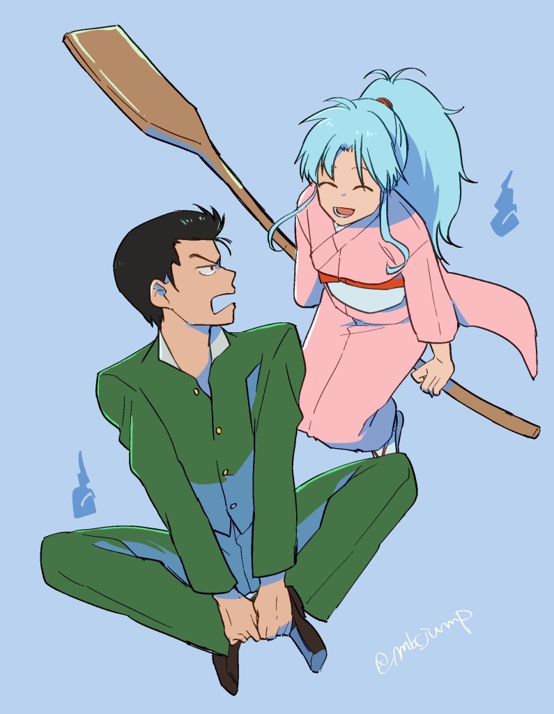 Safebooru - 1boy 1girl :d blue hair botan (yu yu hakusho) full body ...