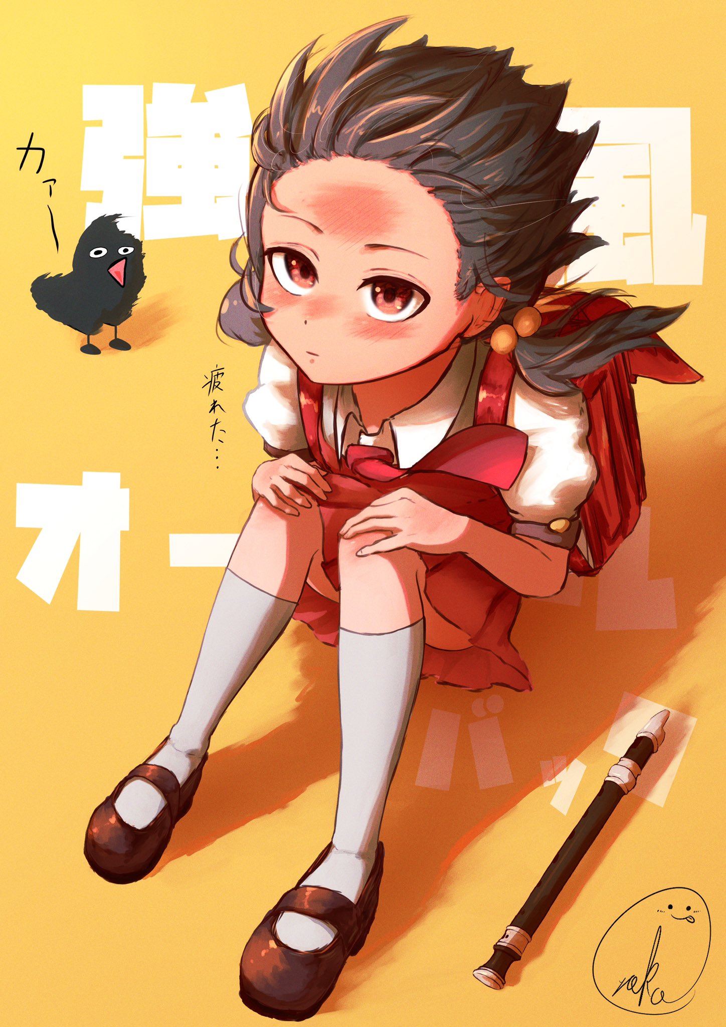 Safebooru - 1girl backpack bag black hair brown eyes brown footwear buttons collared shirt dress ...