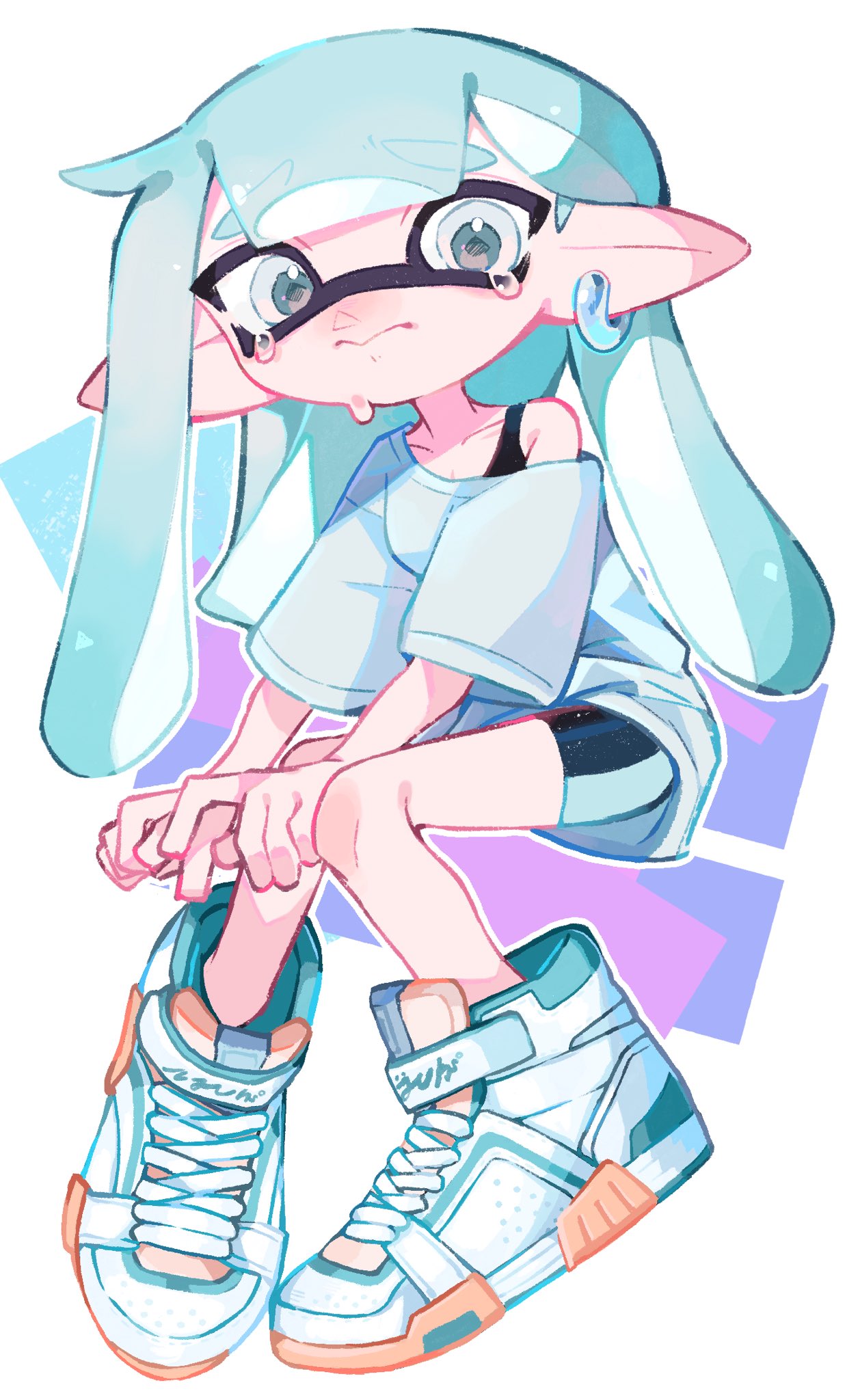 Safebooru - 1girl aqua eyes aqua hair blunt bangs crying earrings hands on own knees highres ...