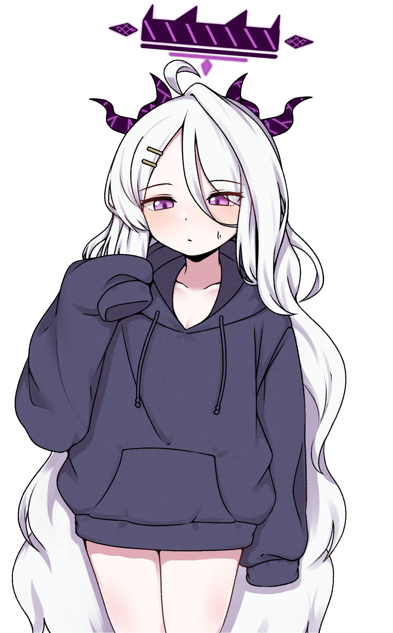 Safebooru - 1girl black hoodie black horns blue archive blush closed mouth collarbone cowboy ...