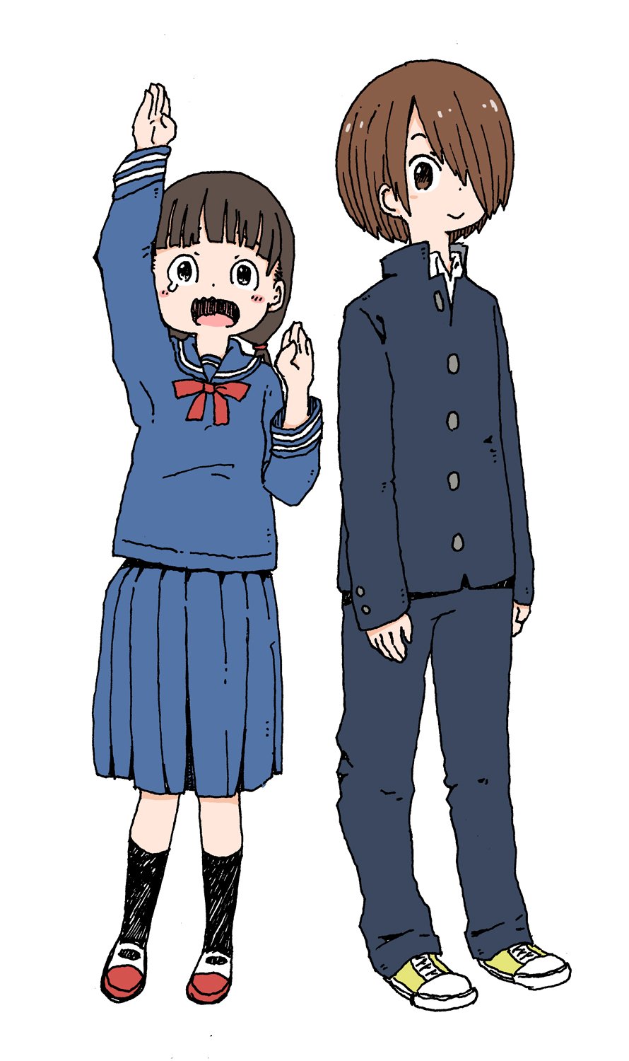 Safebooru - 1boy 1girl arm up black socks blue jacket blue pants blue ...