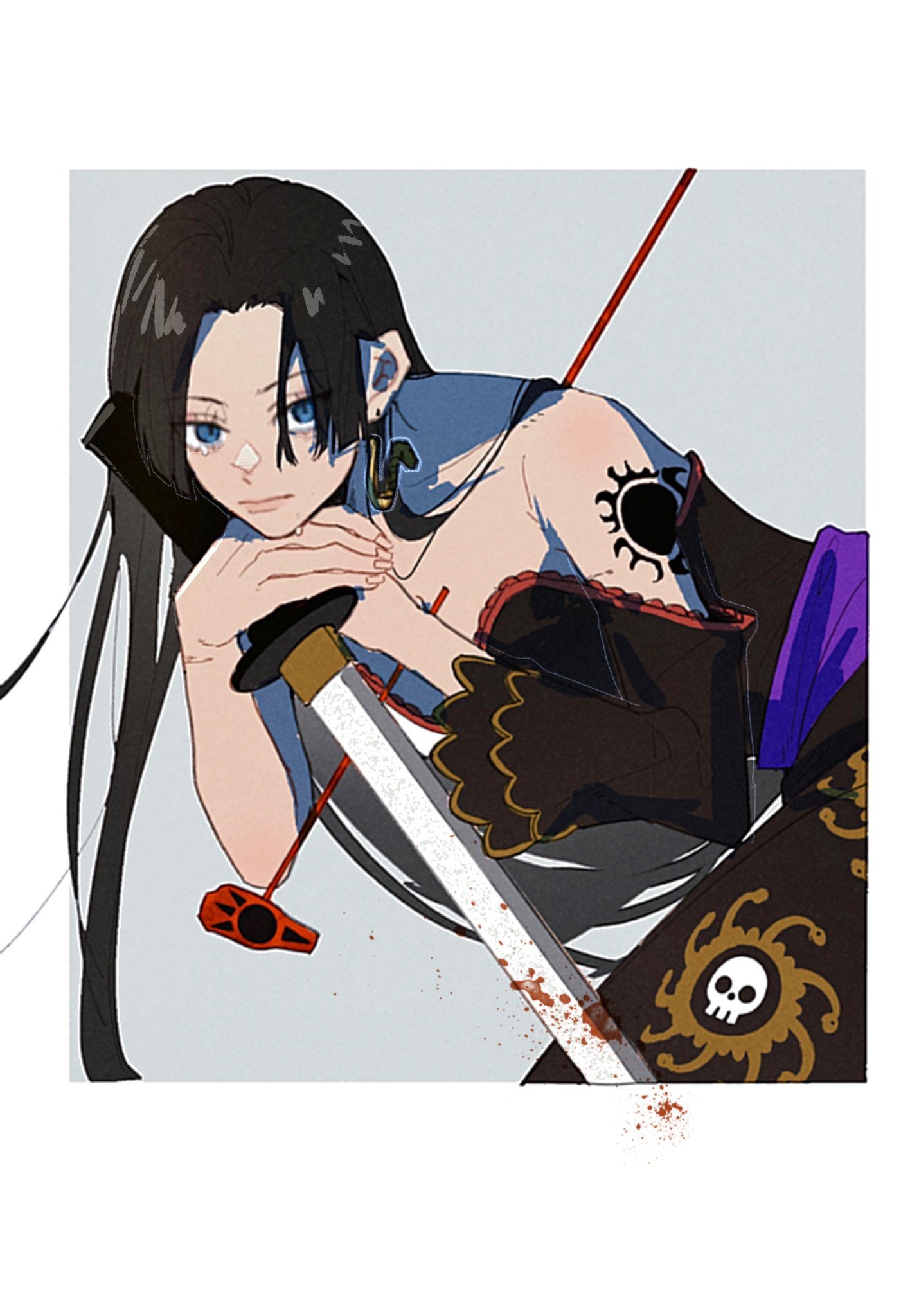 Safebooru - 1girl arm tattoo black hair blue eyes boa hancock closed mouth dress earrings ...