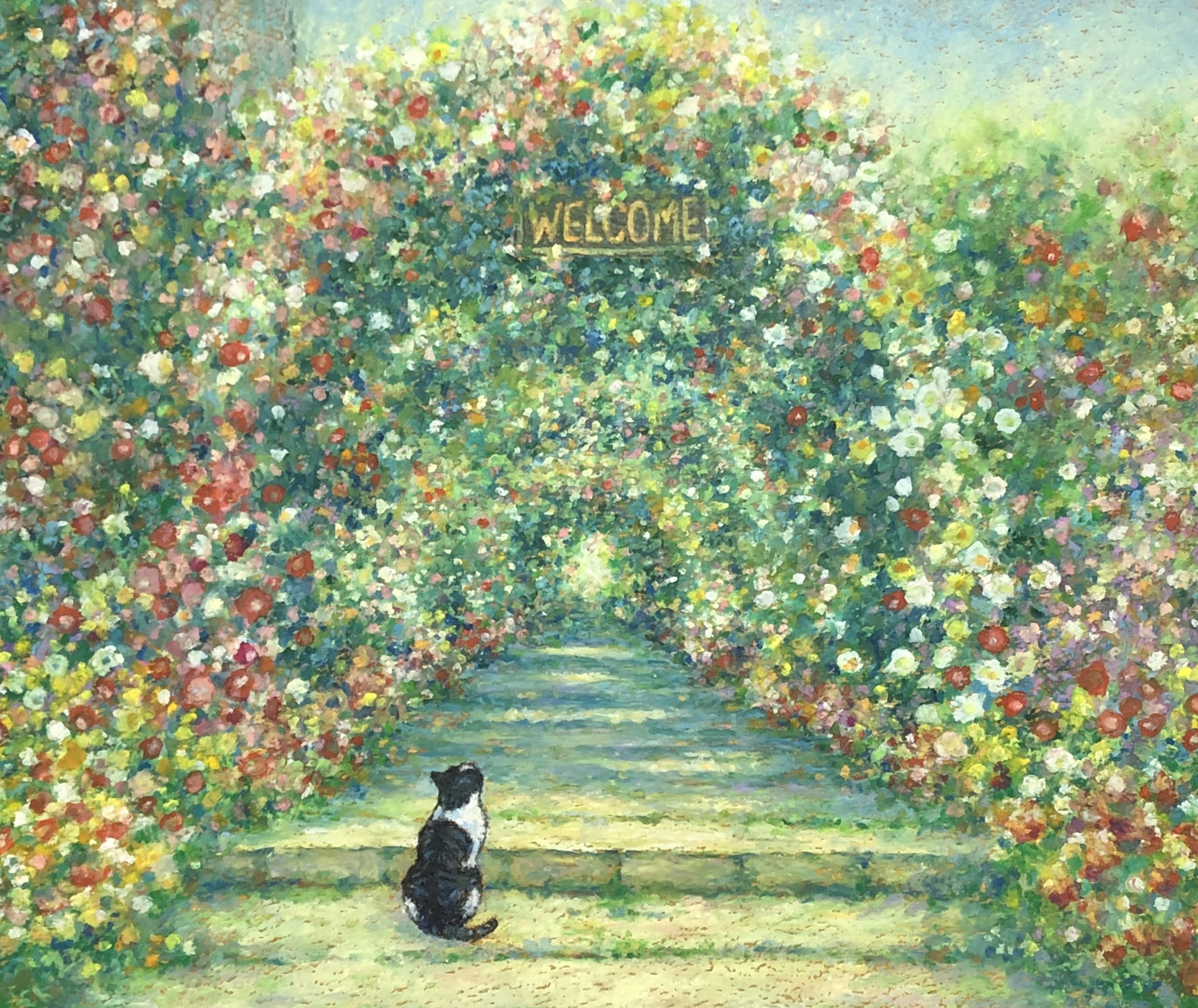 Safebooru - arch cat day english text floral arch flower hallway hedge ...