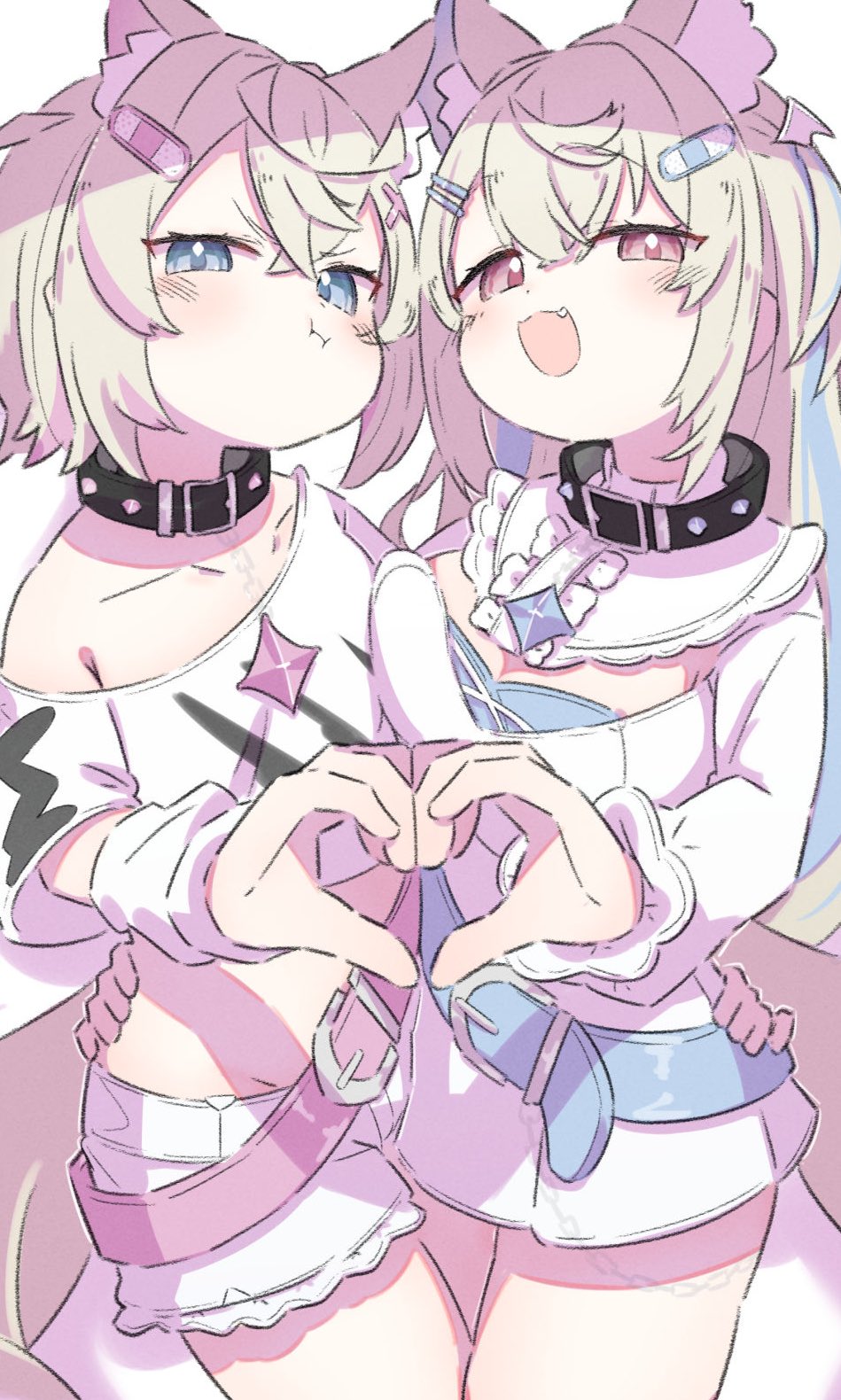 Safebooru - 2girls :i animal collar animal ears bandaid bandaid hair ornament black collar ...