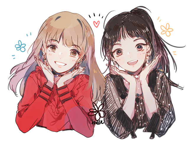 Safebooru - 2girls black shirt blonde hair blunt bangs brown eyes brown hair choker earrings ...