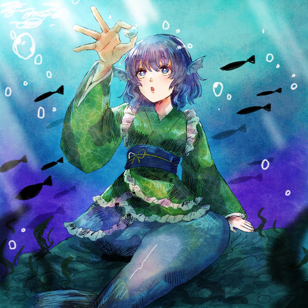 Safebooru - 1girl blue eyes blue hair commentary request fins fish ...