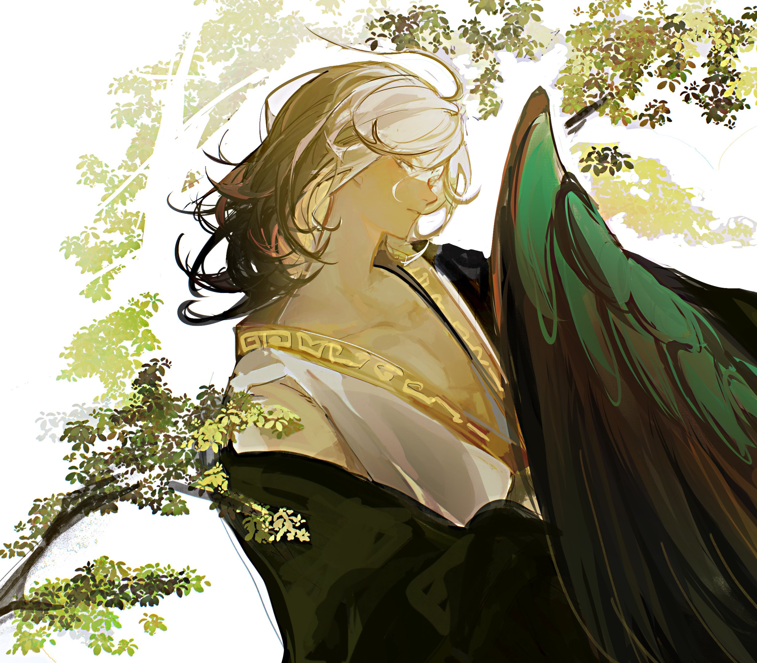 Safebooru - 1boy bird wings bishounen branch brown hair feathered wings ...