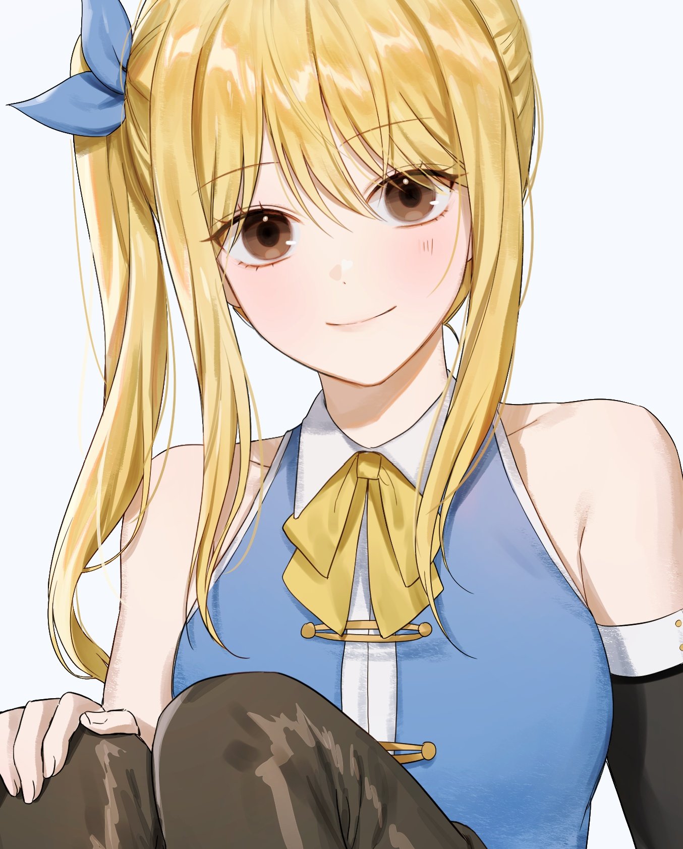 Safebooru - 1girl bare shoulders blonde hair blue bow blue shirt blush bow brown eyes closed ...