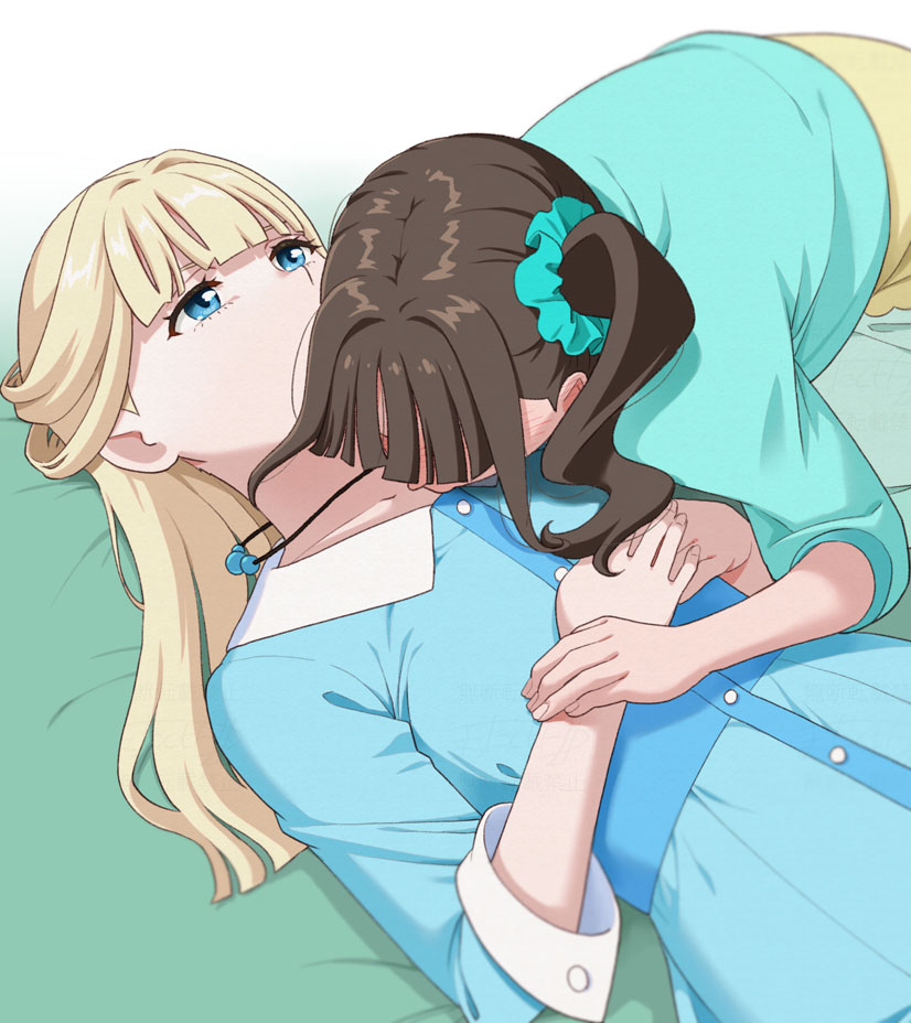 Safebooru - 2girls blonde hair blue dress blue eyes blue scrunchie blue shirt blunt bangs blush ...