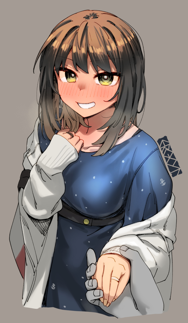 Safebooru 1girl 1other Artist Logo Blue Dress Breasts Brown Hair 5273