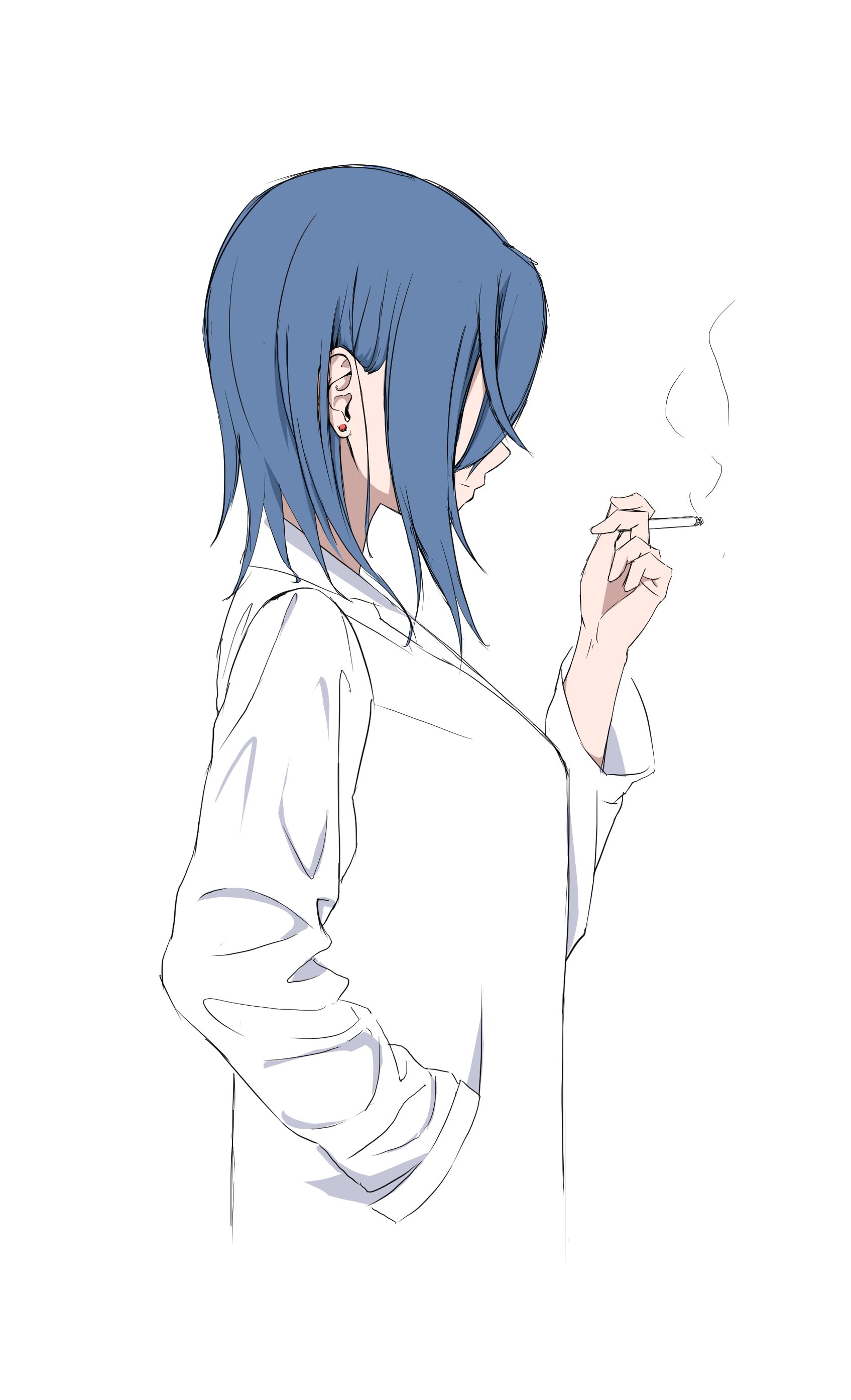 Safebooru - 1girl absurdres blue hair breasts cigarette coat commentary request cropped torso ...
