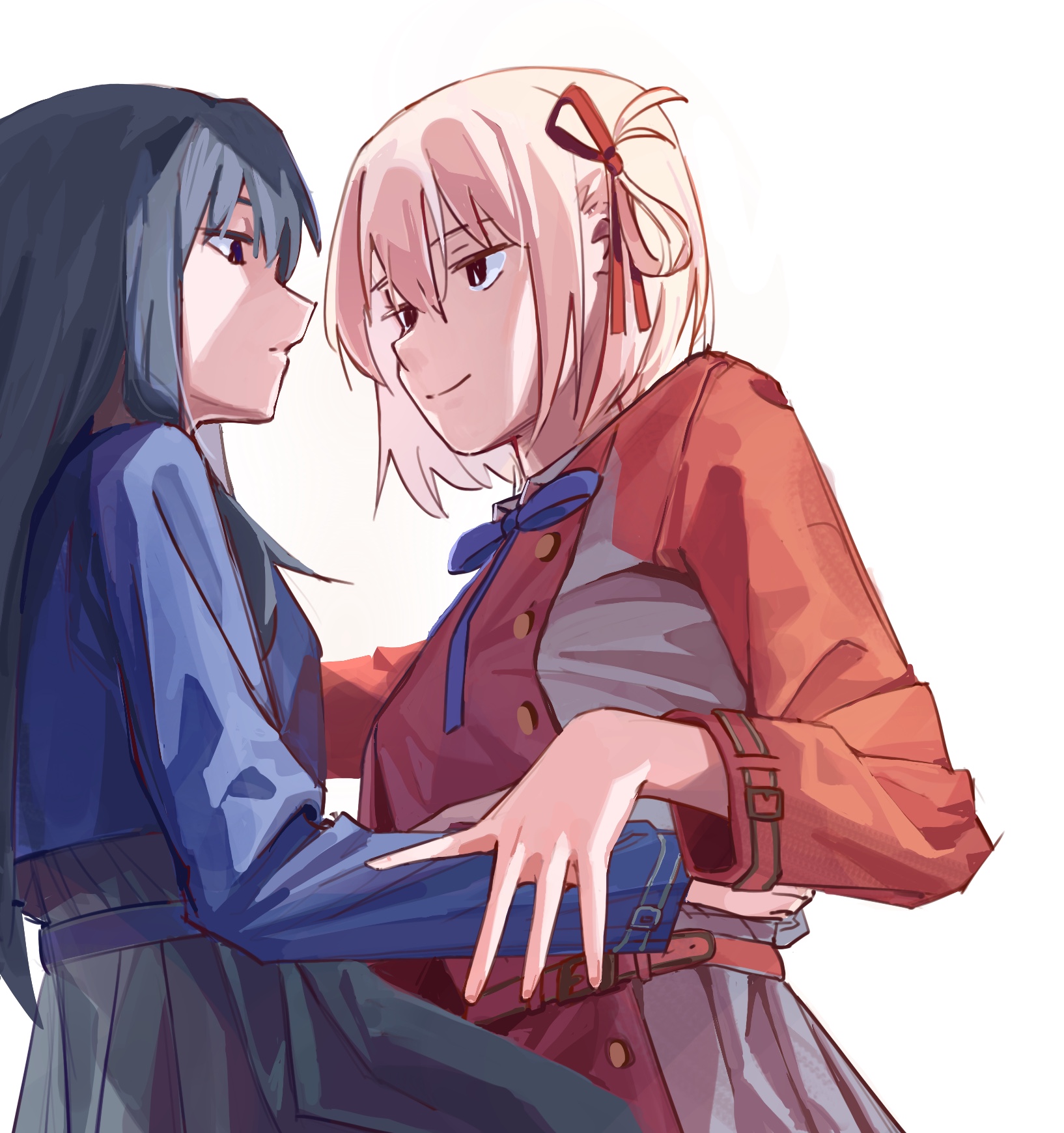Safebooru - 2girls black hair blonde hair blue dress blue ribbon closed mouth commentary dress ...