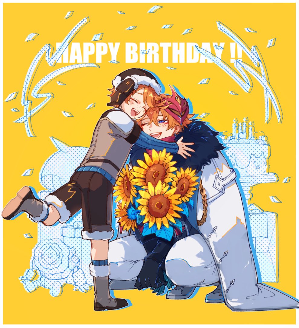Safebooru - 2boys :d ;d ^ ^ aiguillette birthday black gloves blue eyes blue socks blue sweater ...