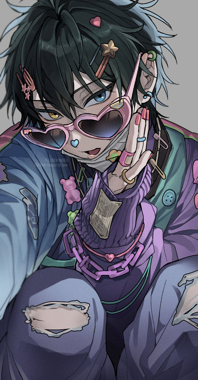 Safebooru - 1boy adjusting eyewear artist name black hair blue eyes blue pants blue sweater ...