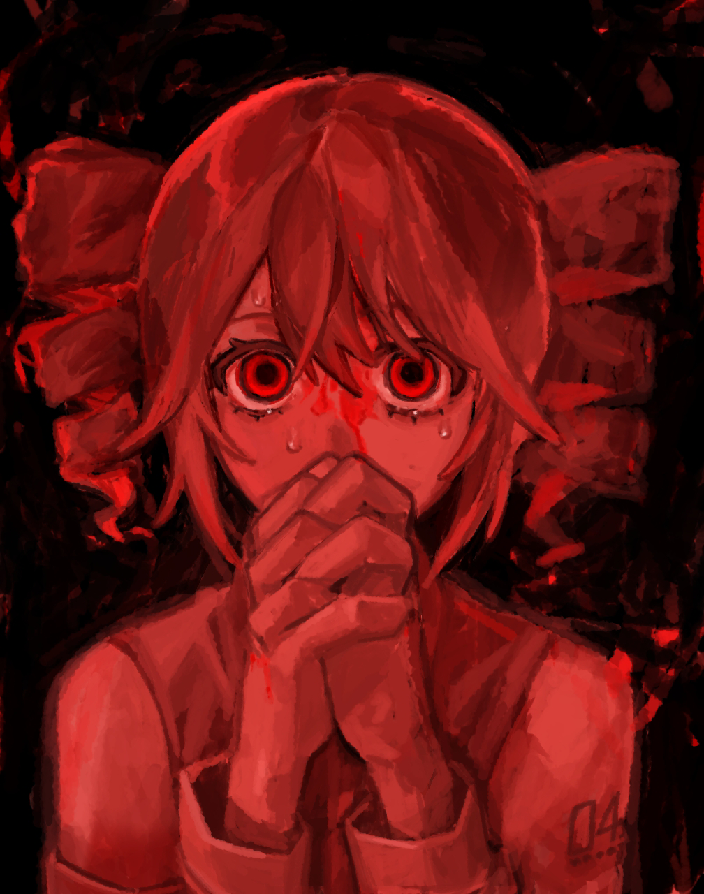 Safebooru - 1girl abstract background bleeding from forehead commentary request covering own ...