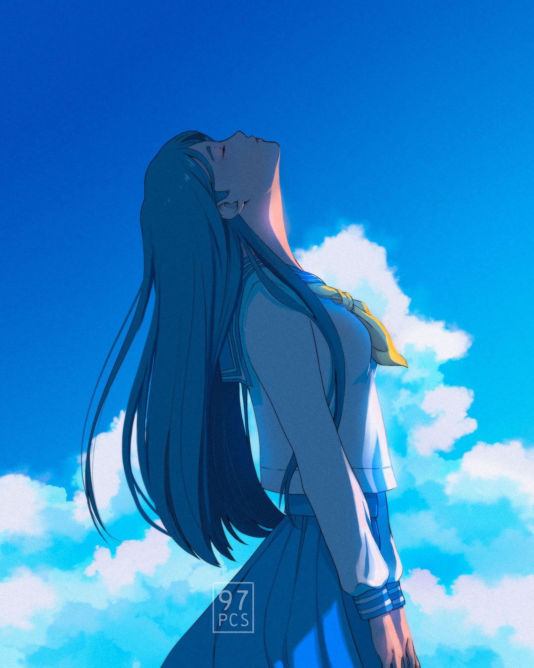 Safebooru - 1girl 97pieces ascot black hair blue sailor collar blue sky breasts closed eyes ...