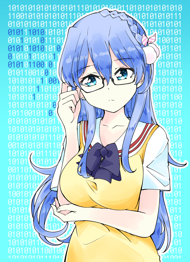 Safebooru - 1girl 22/7 adjusting eyewear aqua eyes black-framed eyewear black bow black bowtie ...