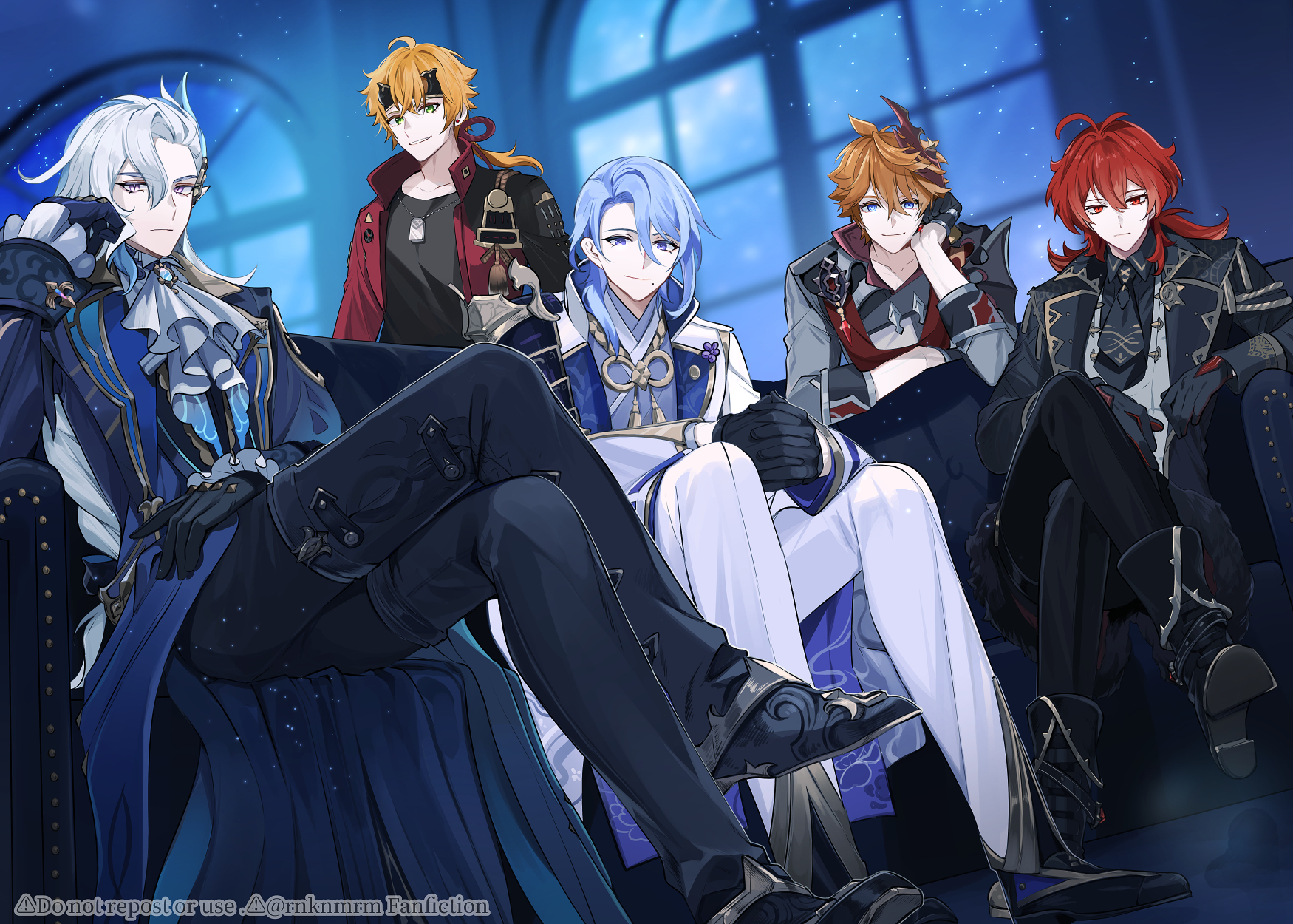 Safebooru - 5boys ahoge aiguillette antenna hair armor artist name ascot asymmetrical bangs ...