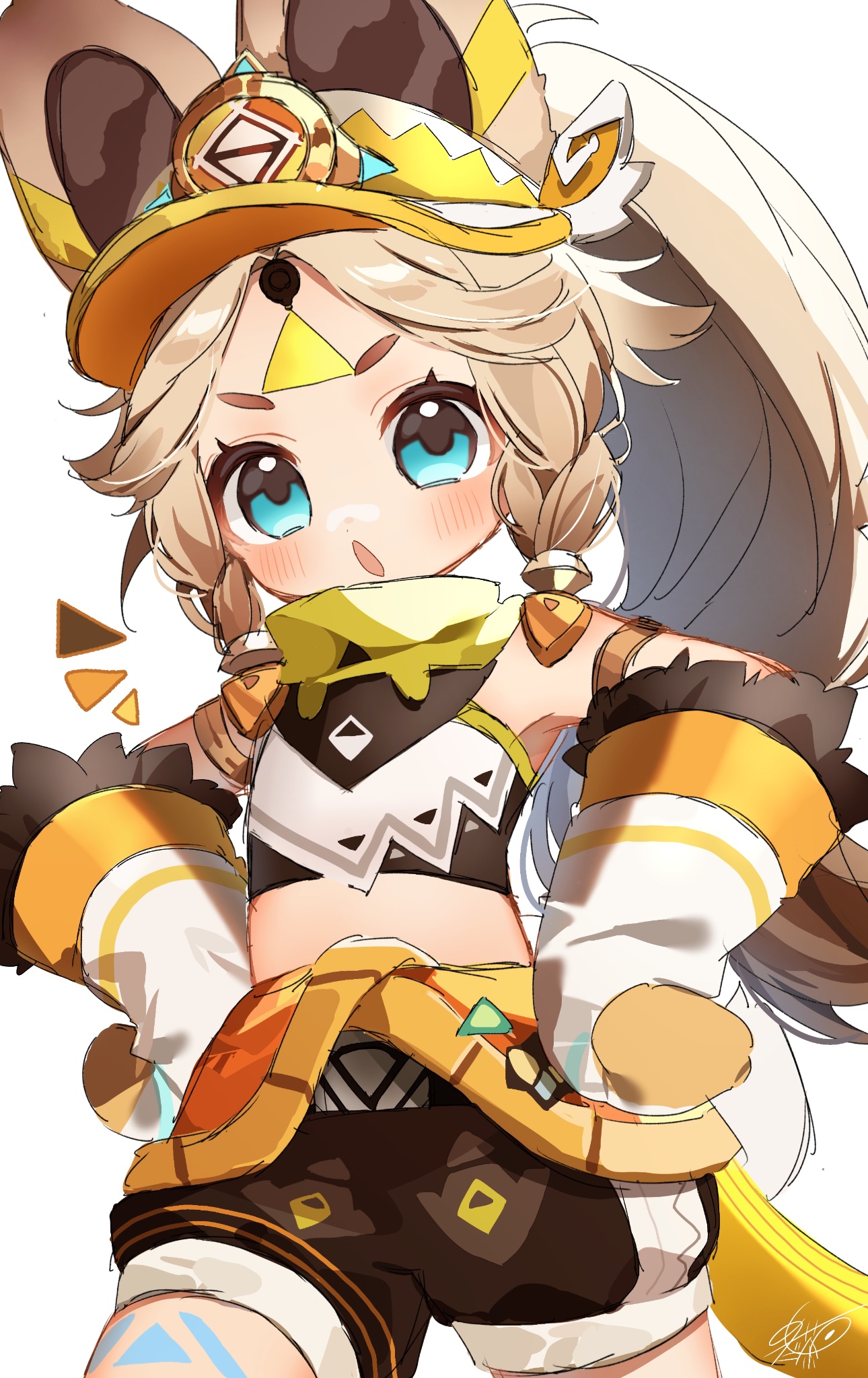 Safebooru - 1girl :o animal ears armlet artist name bandana bare shoulders black shirt blonde ...
