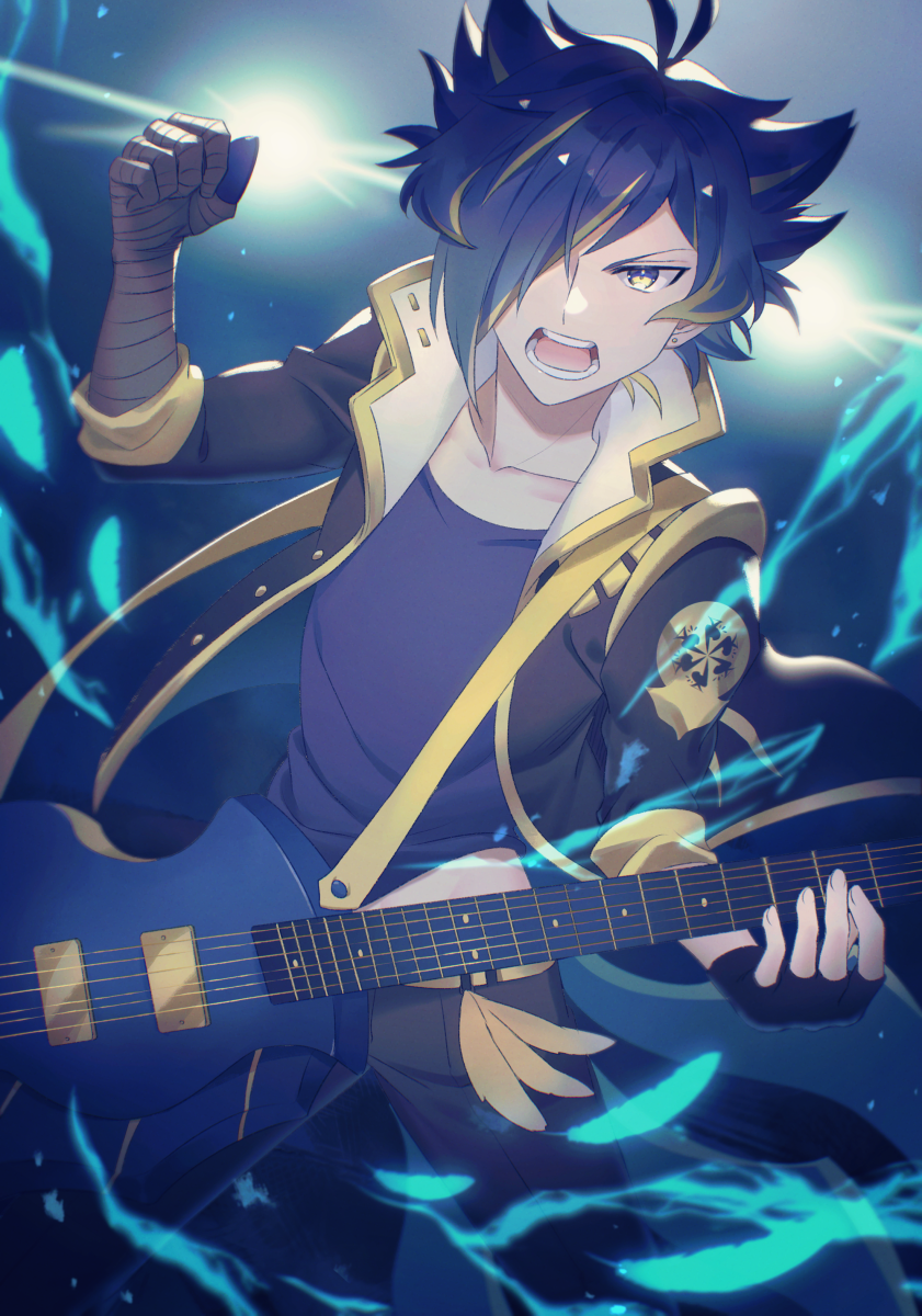 Safebooru - 1boy antenna hair arm wrap black gloves black jacket black pants blue background ...