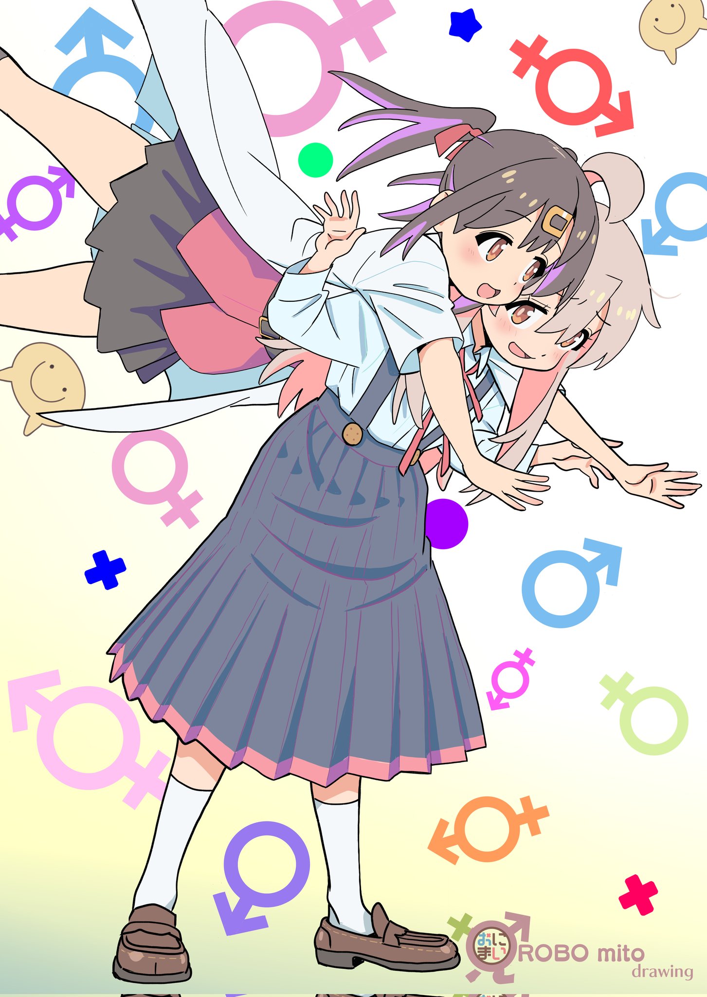 Safebooru - 2girls :d ahoge artist name belt black hair black skirt brown eyes brown footwear ...