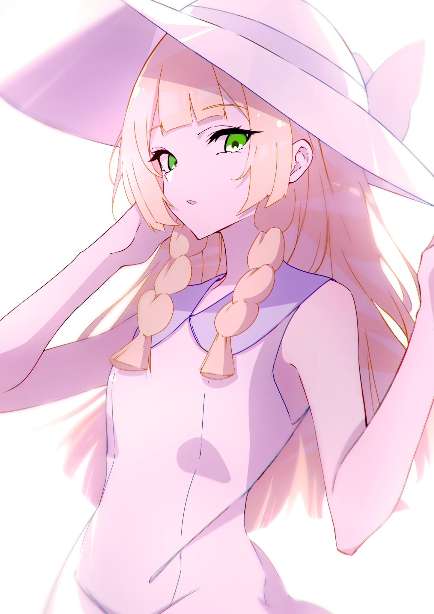 Safebooru - 1girl blonde hair braid collared dress dress green eyes hat highres lillie (pokemon ...