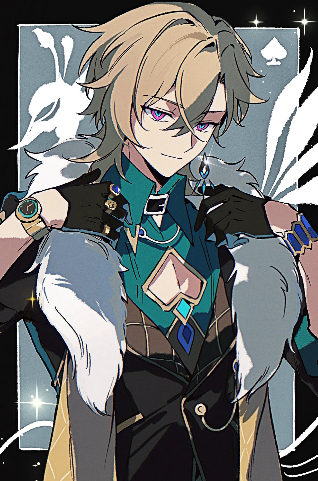 Safebooru - 1boy aventurine (honkai: star rail) black gloves black jacket blonde hair bracelet ...