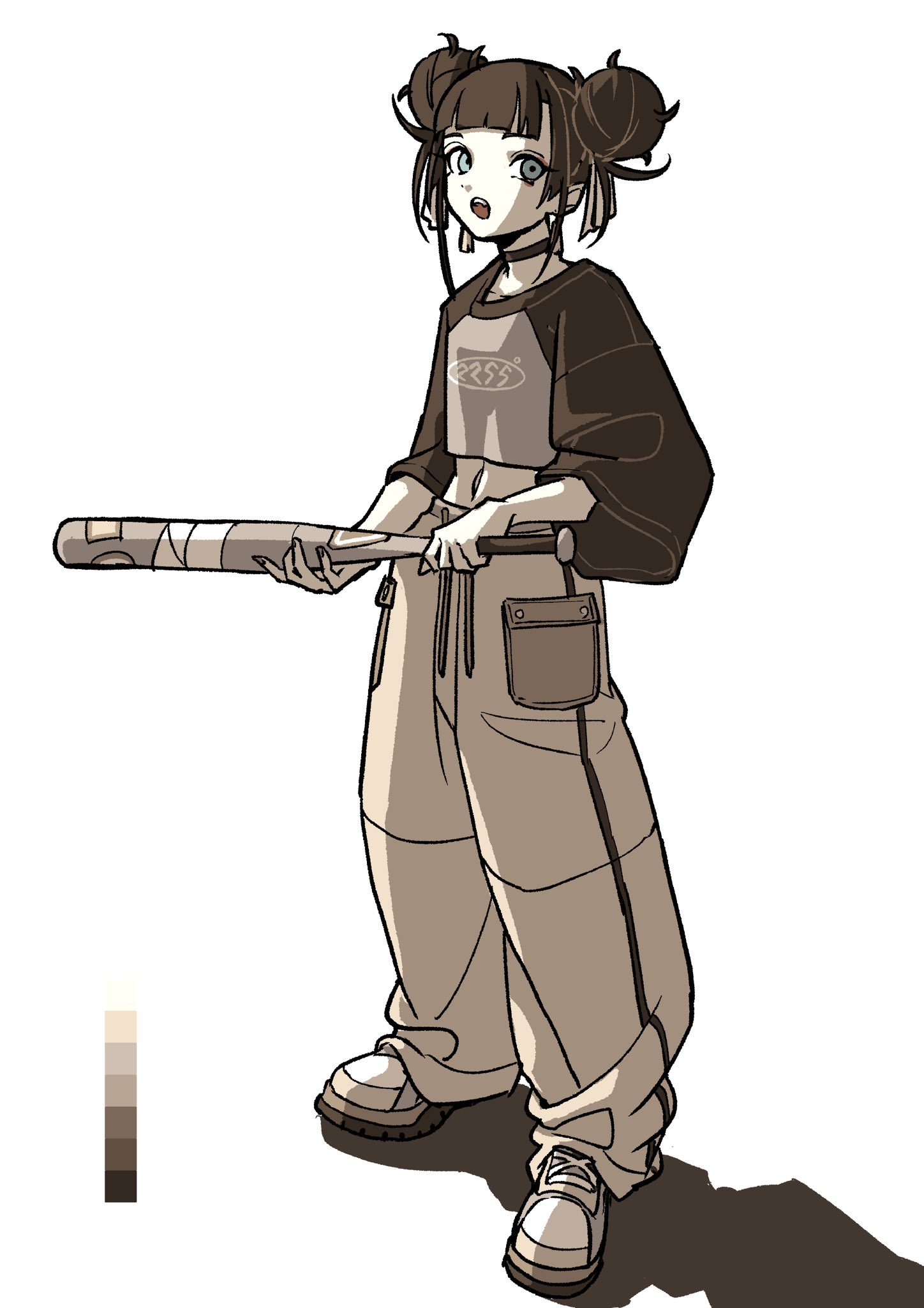 Safebooru - 1girl :o baggy pants baseball bat blunt bangs brown choker ...