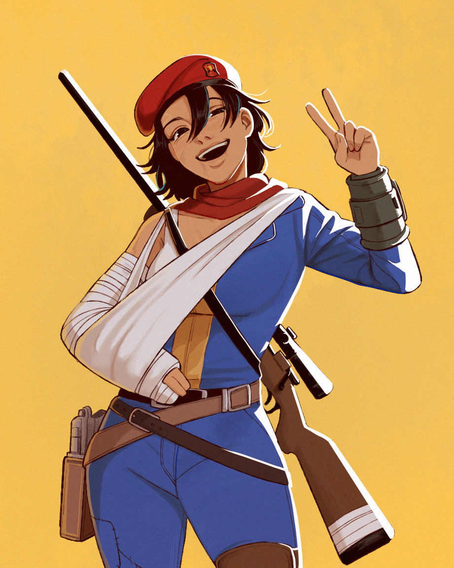 Safebooru - 1girl belt beret black hair blue bodysuit bodysuit bolt action broken arm cast ...