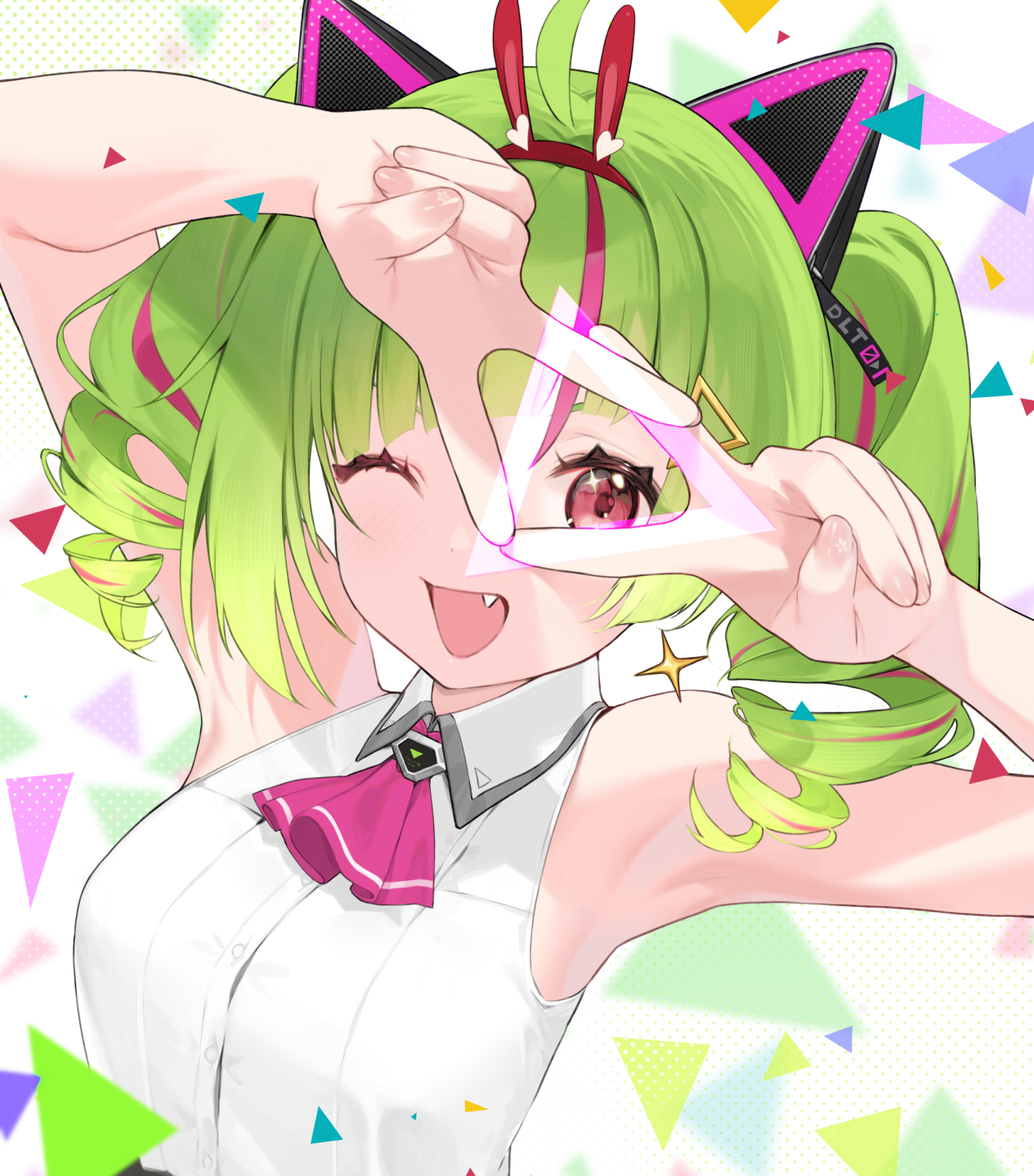 Safebooru - 1girl ahoge animal ear headphones animal ears armpits arms up ascot blurry blurry ...
