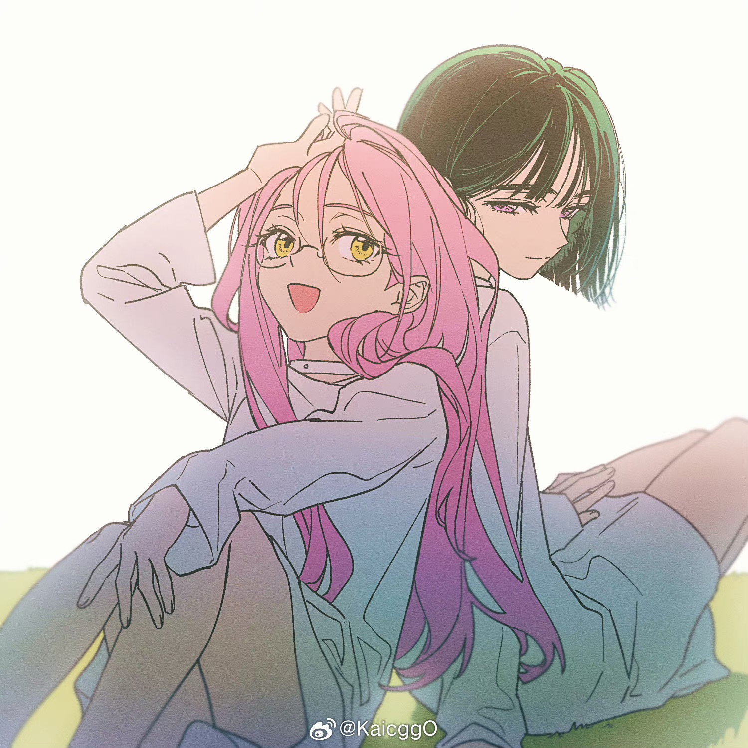 Safebooru - 2girls alien stage backlighting black hair closed mouth glasses highres kaicggo ...