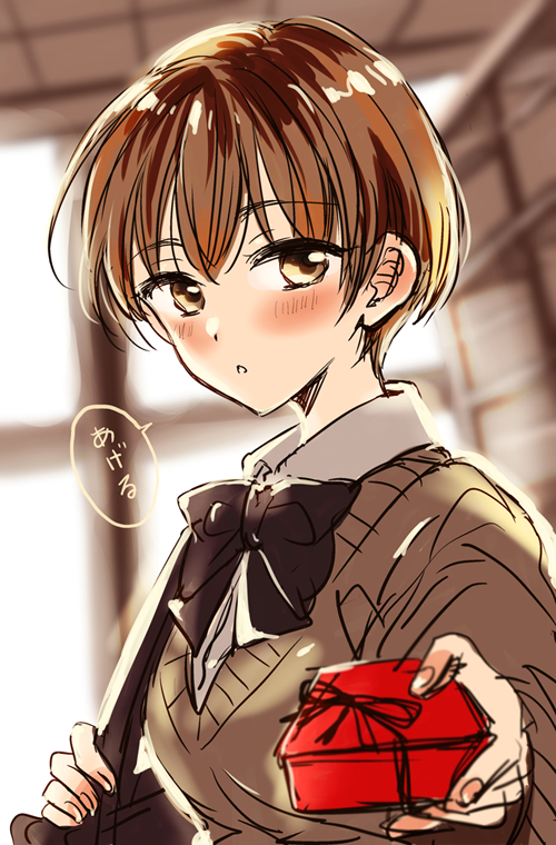 Safebooru - 1girl bag black bow black bowtie blurry blurry background bow bowtie box breasts ...