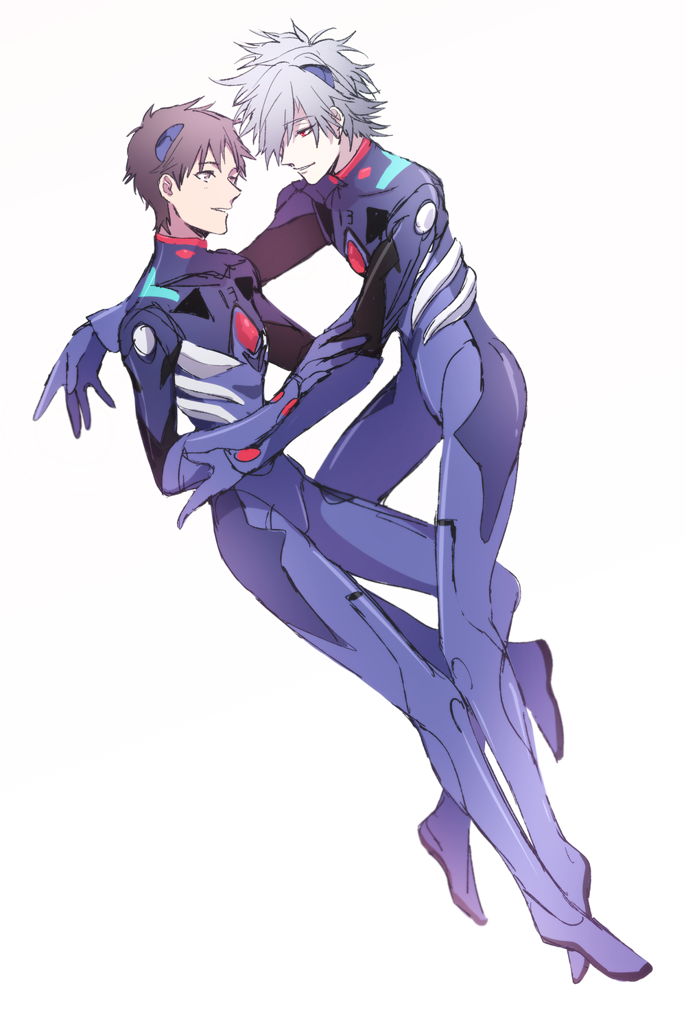 Safebooru - 2boys bodysuit brown eyes brown hair eye contact full body grey hair grin highres ...