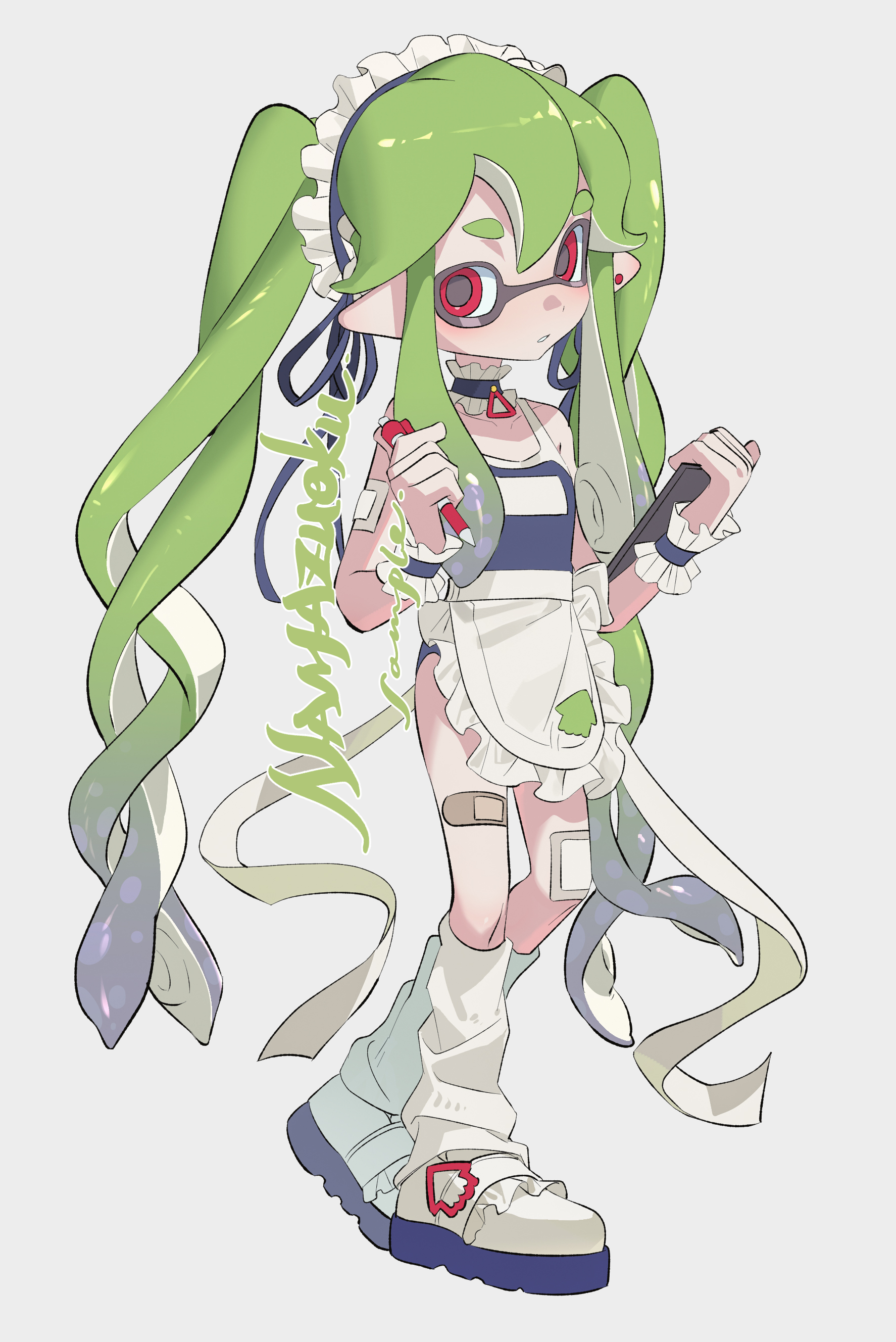 Safebooru - absurdres apron bandaid green hair highres inkling inkling ...