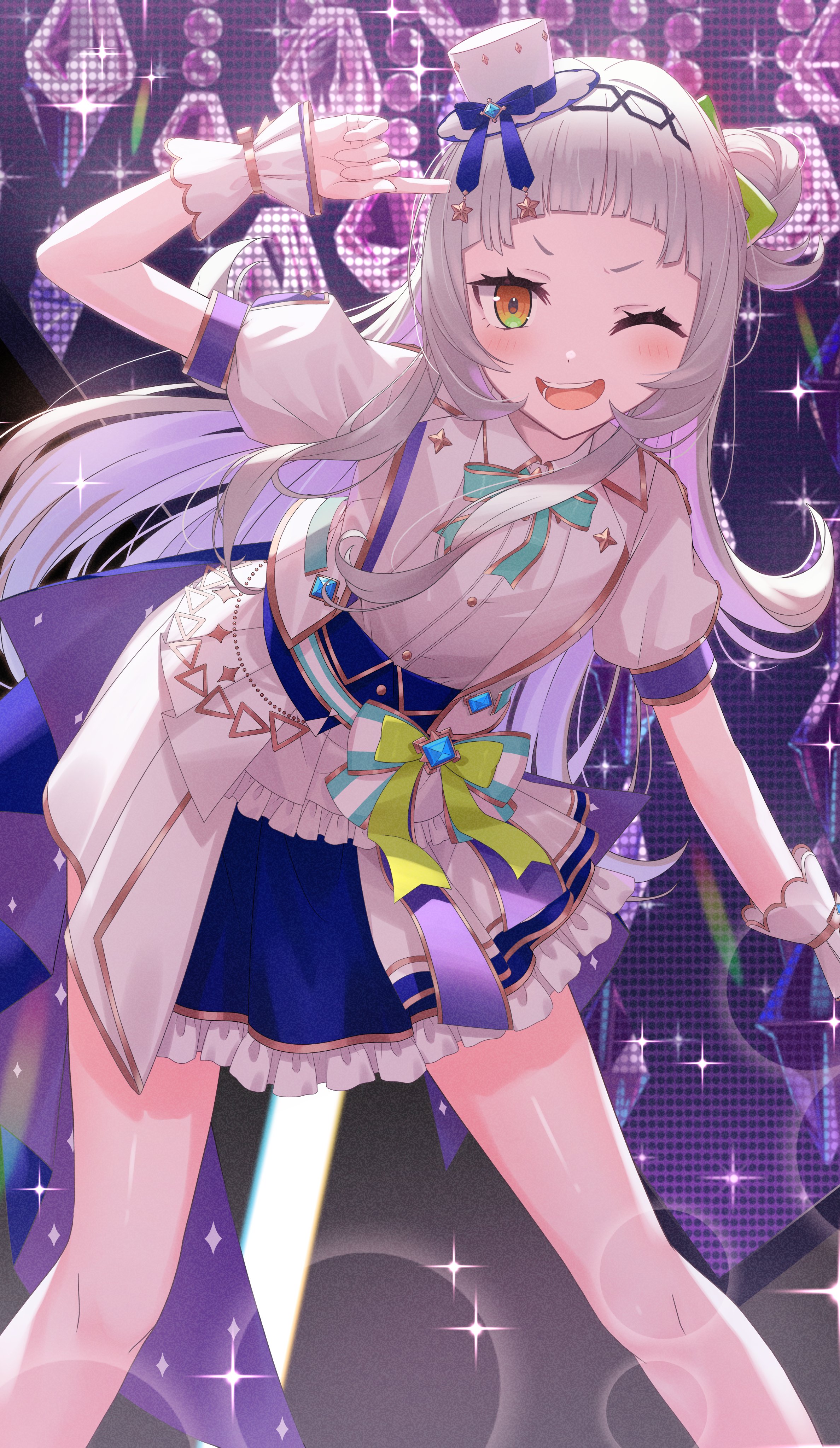 Safebooru - 1girl ;d absurdres aqua bow aqua bowtie arched bangs arm up bent over black hairband ...