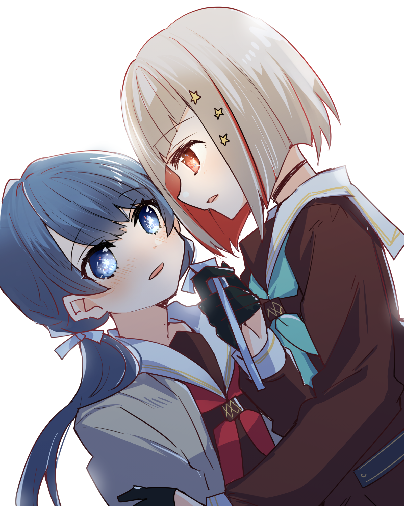 Safebooru - 2girls aqua neckerchief black choker black gloves blue eyes blue hair bob cut brown ...
