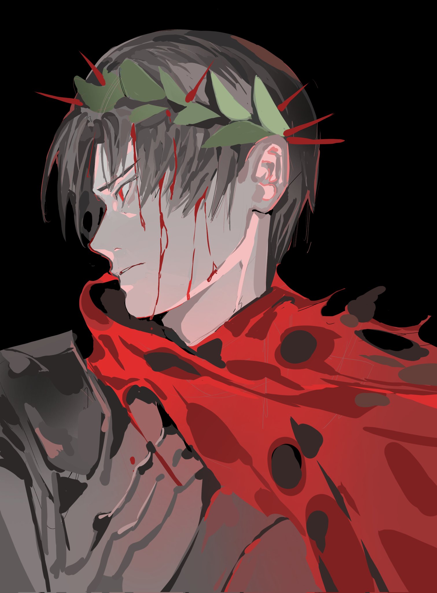 Safebooru - 1boy black background blood cape crown of thorns e.g.o (project moon) facing to the ...