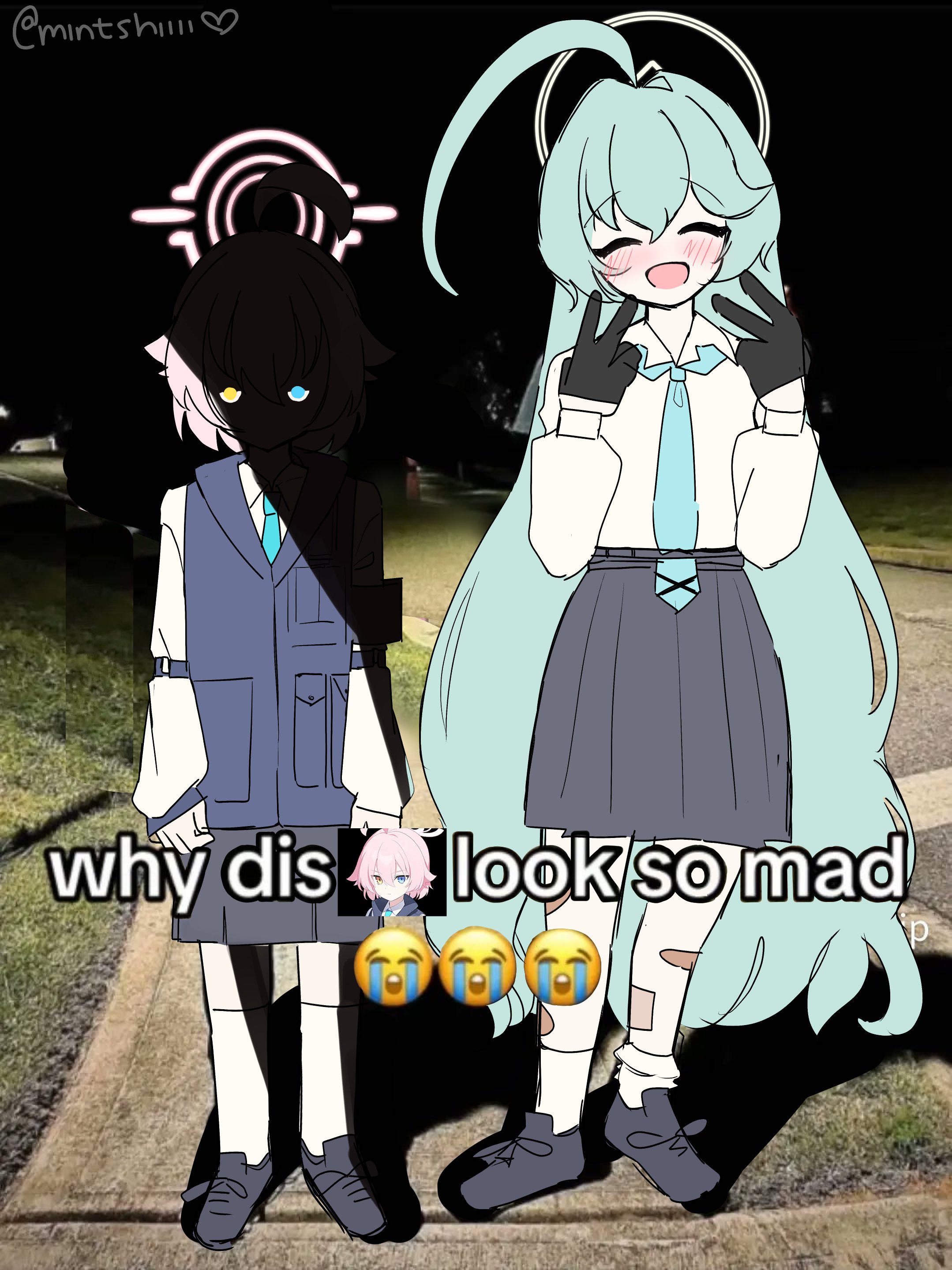 Safebooru - 2girls :d absurdres ahoge aqua hair aqua necktie artist name bandaid bandaid on leg ...