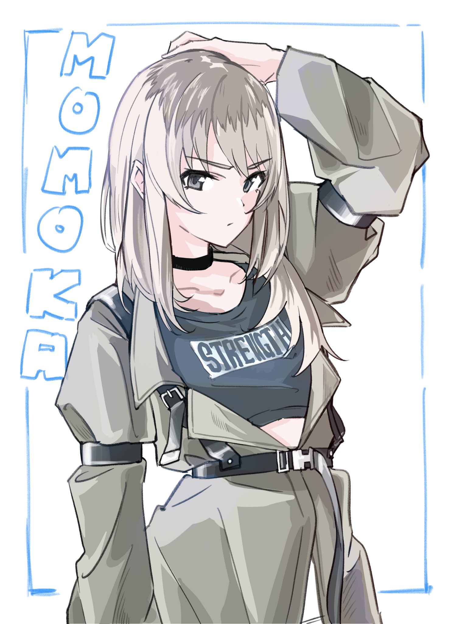Safebooru - 1girl arm up black choker black shirt character name choker ...