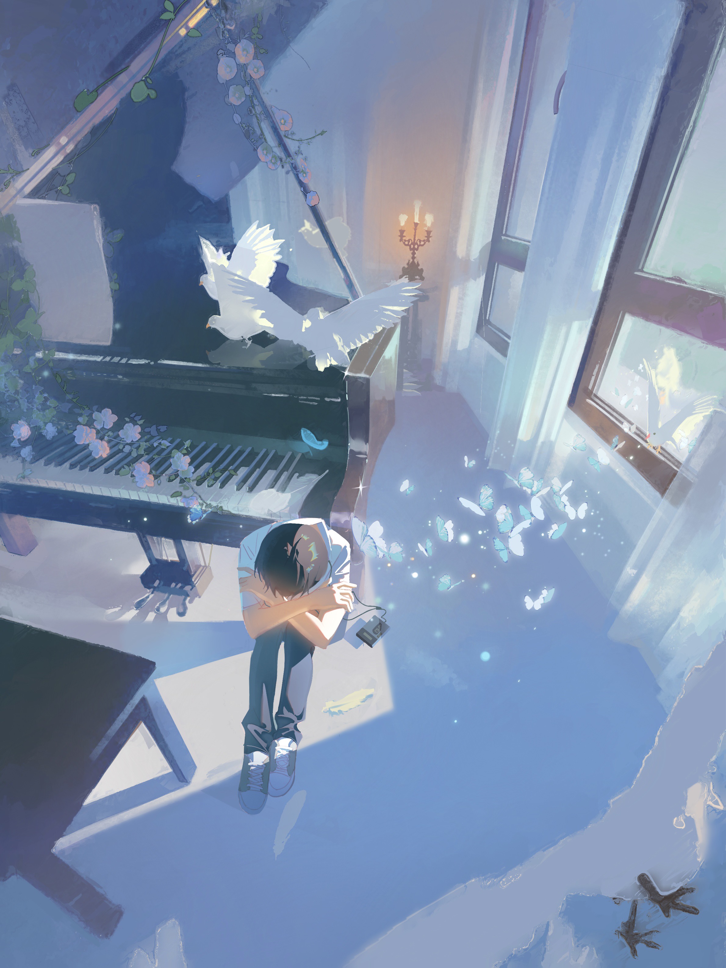 Safebooru - 1boy absurdres bird black hair black pants blue butterfly bug butterfly candlestand ...
