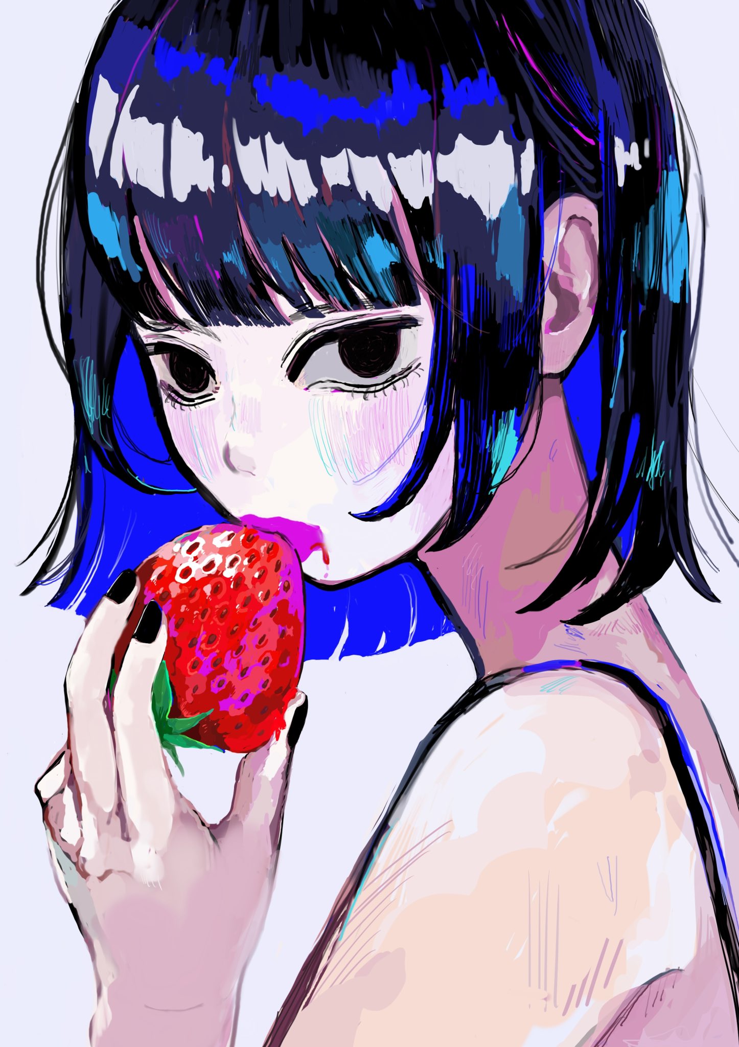 Safebooru - 1girl bare shoulders black eyes black hair black nails blue hair blunt bangs blunt ...